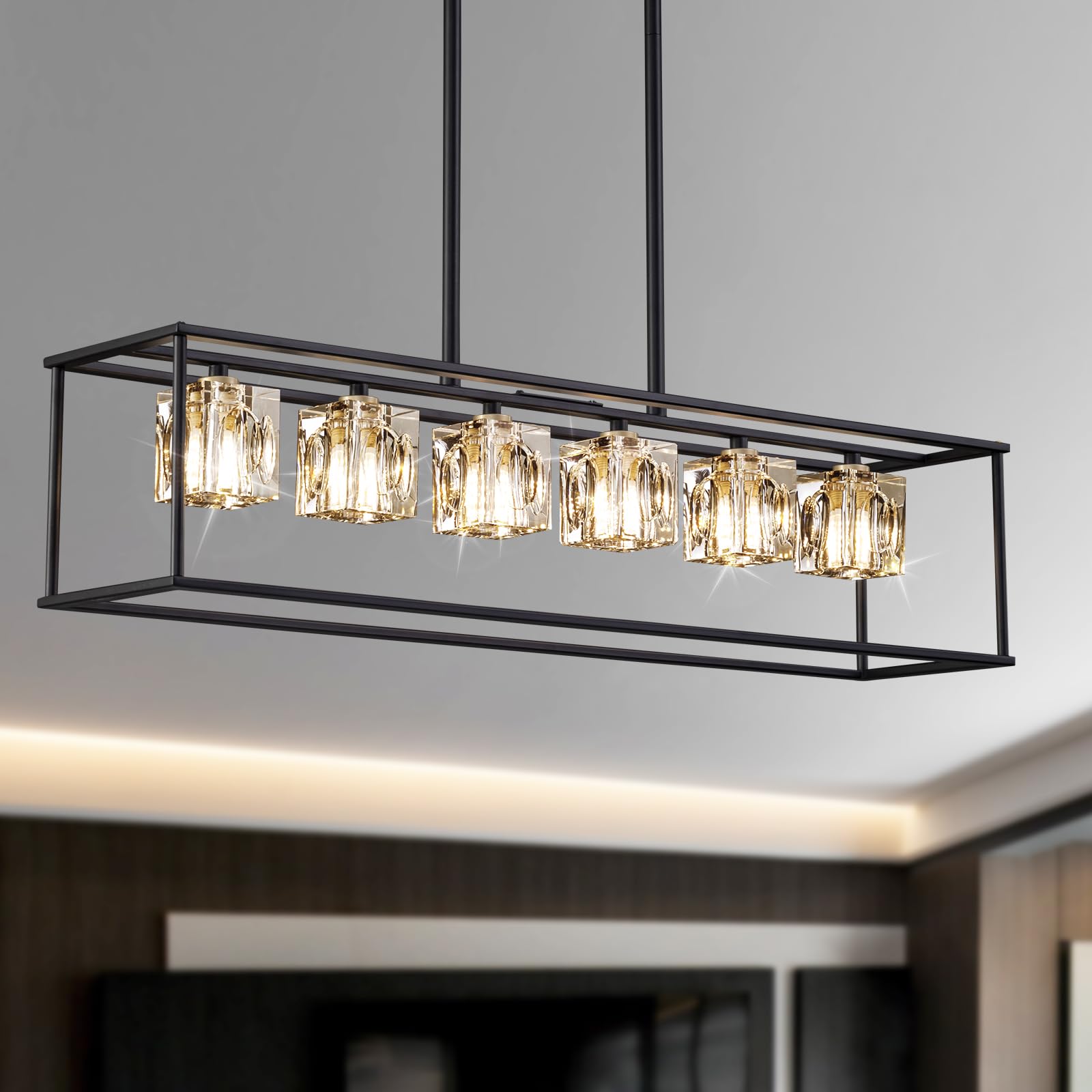 OKES Dining Room Chandelier, Modern Crystal Rectangle Chandeliers Light ...