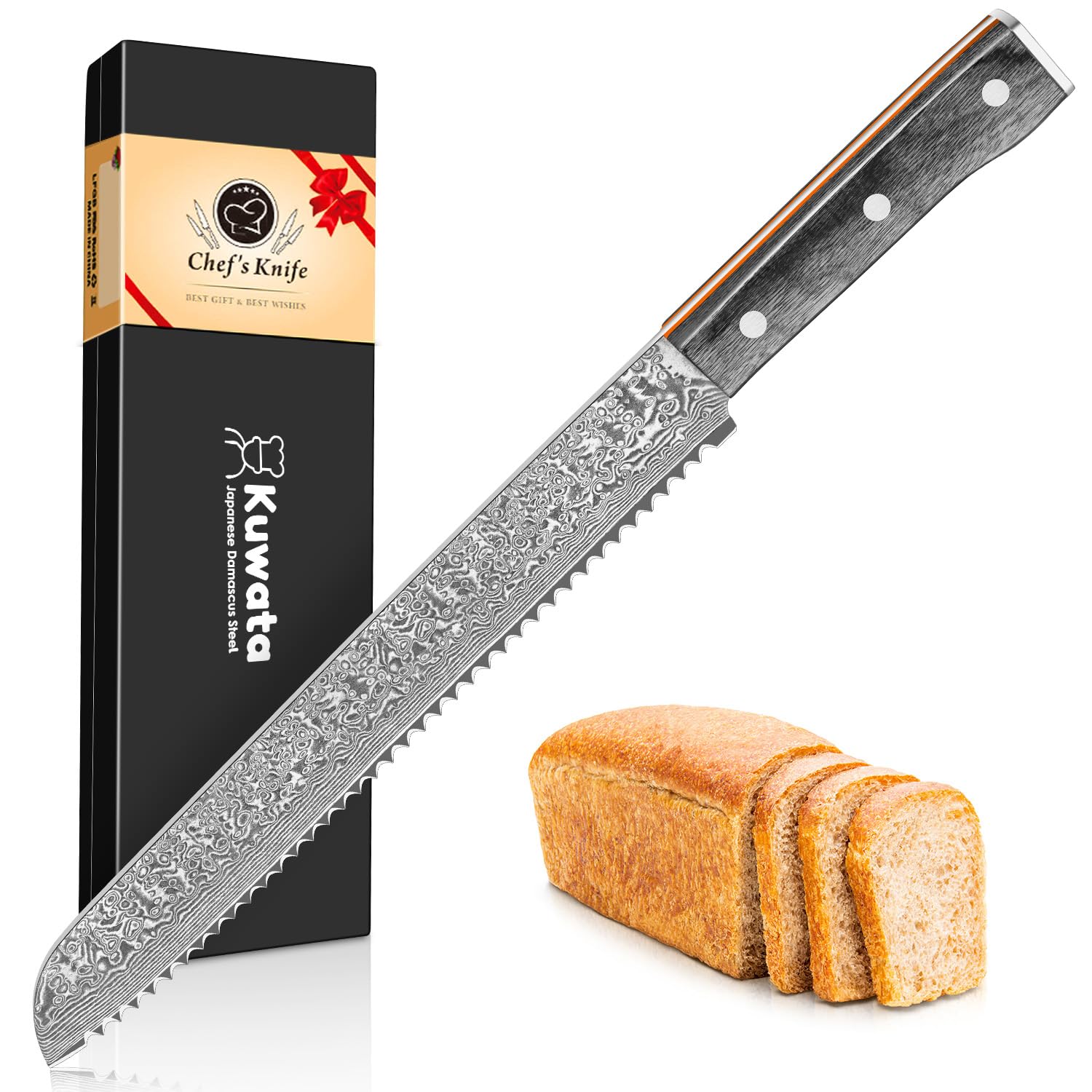 Bread Knife, 10inch Multifunction Serrated Knife, VG10 Damascus Steel ...