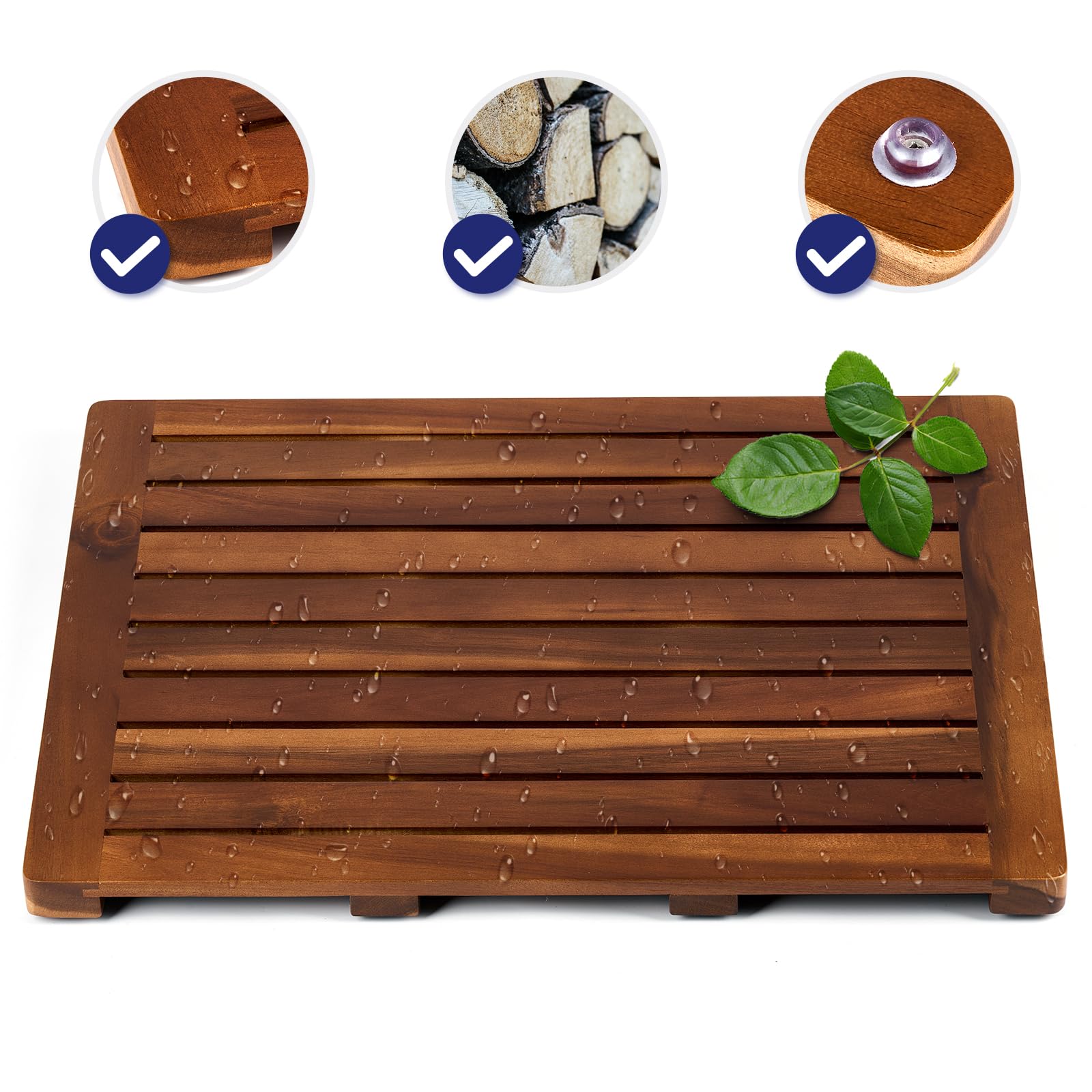 Teak Shower Mat, 24 x 18 inch Wood Bath Mat for Inside Shower, Premium ...