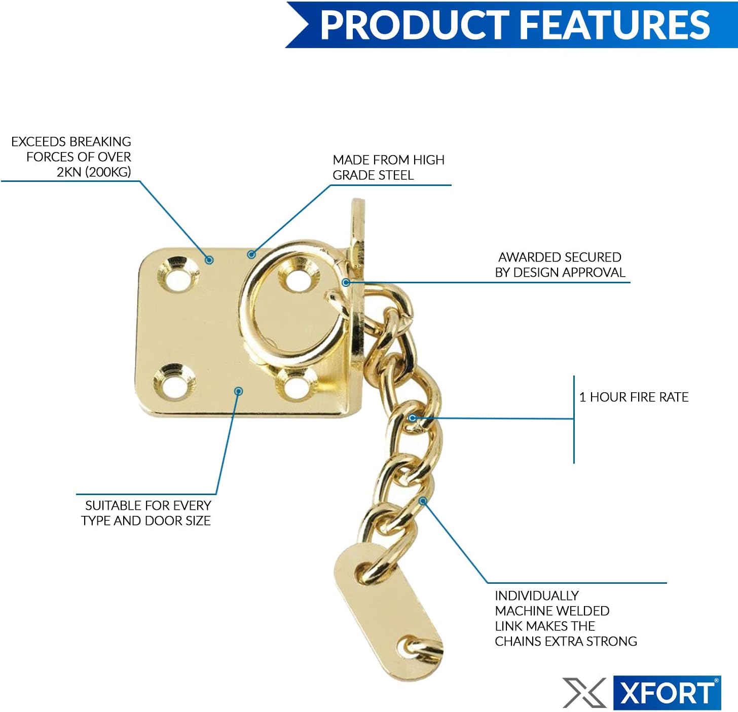 XFORT® Door Chain Polished Brass, Narrow Design Door Limiter, External ...