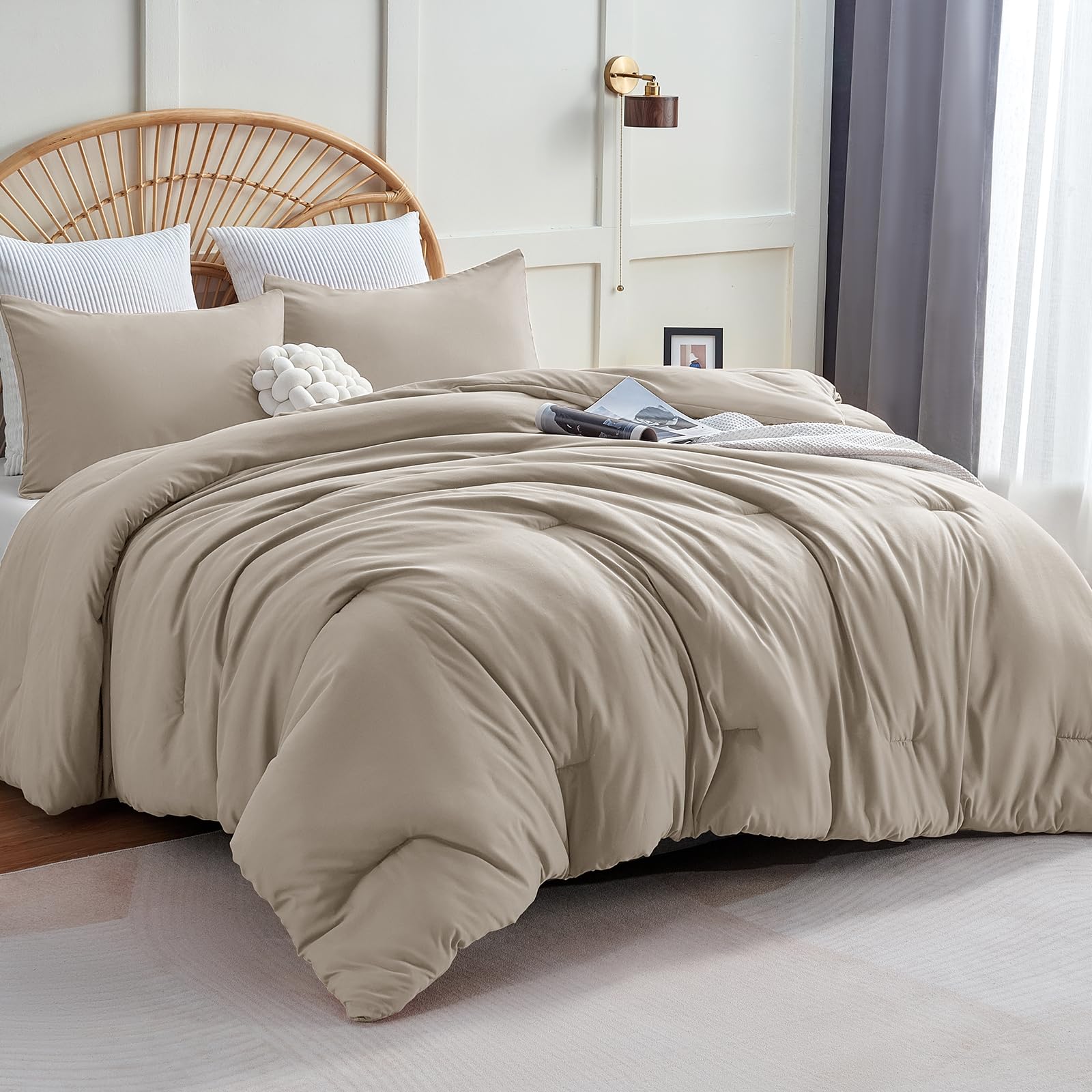 CozyLux Oatmeal Comforter Set King Size, 3 Pieces Solid Breathable ...