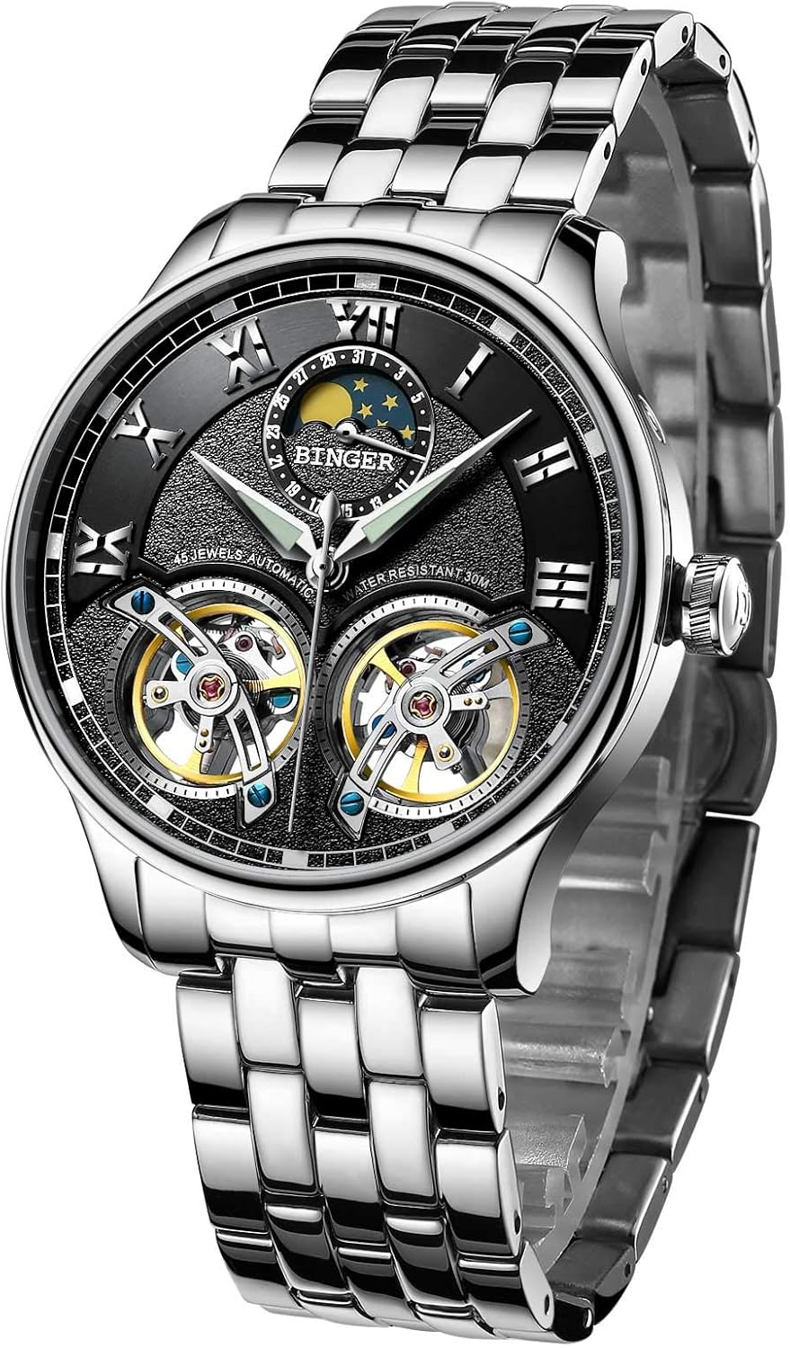 B BINGER Mens Skeleton Watch Automatic Self Wind Mechanical Stainless ...