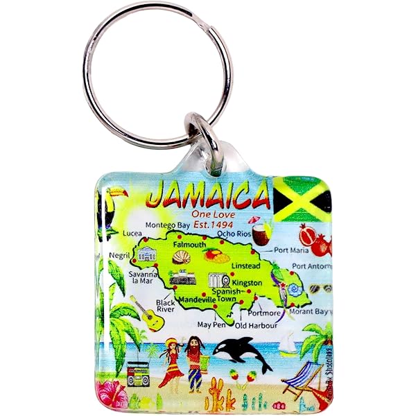 Jamaican Flag Keychain - Silver Country Map Pendant Key Ring Souvenir ...