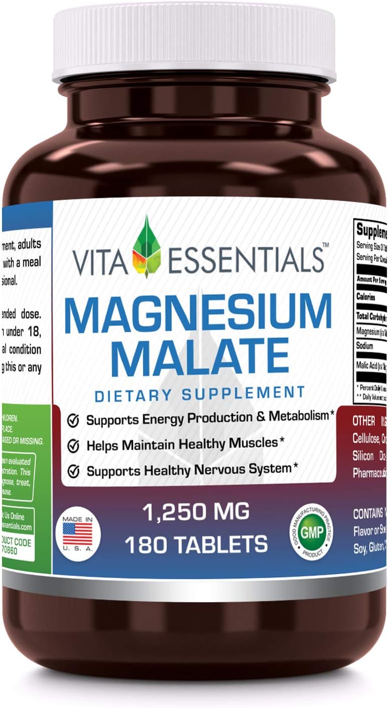 Amazon.com: Vita Essentials Magnesium Malate 1250 Mg Tablets, 180 Count ...