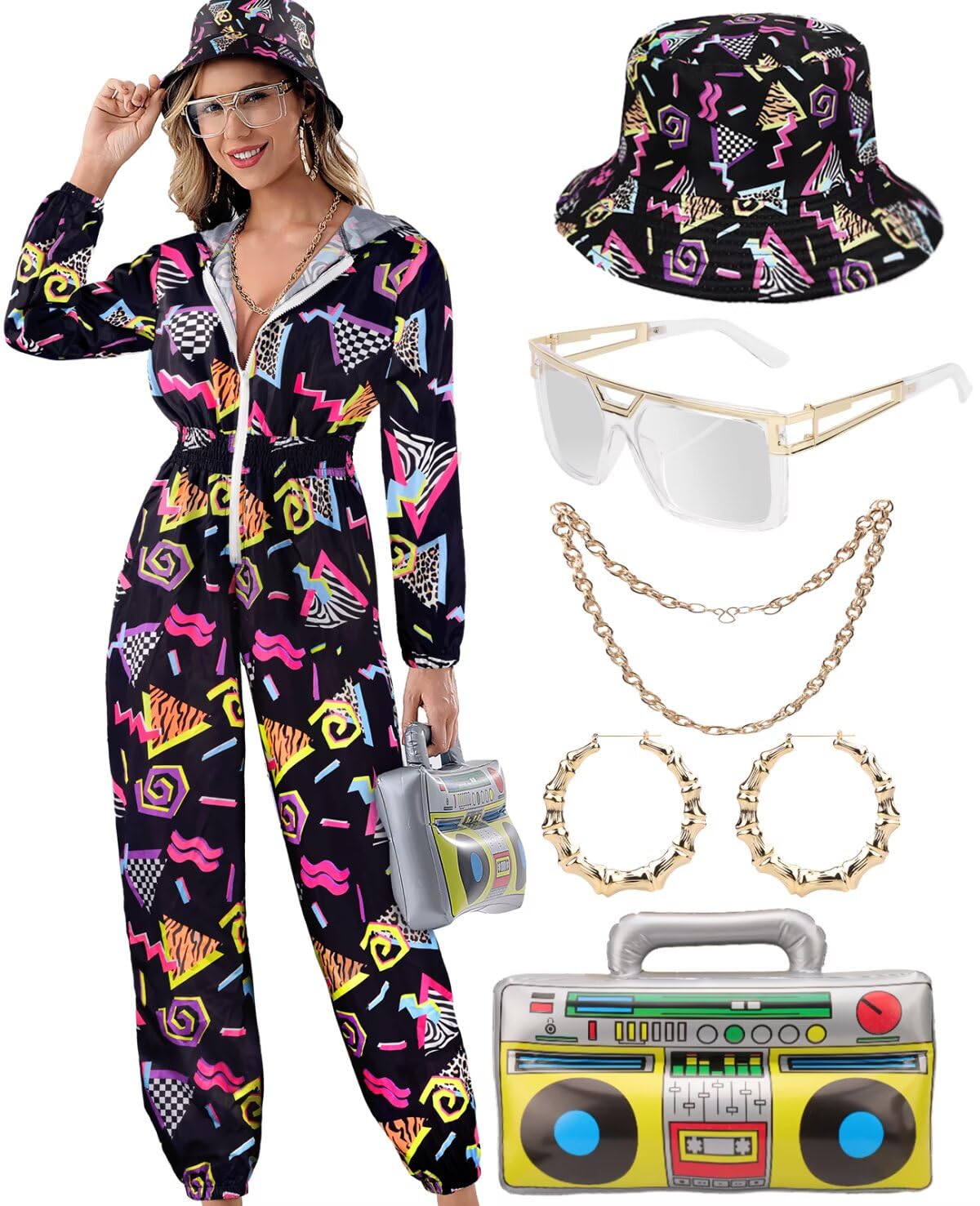 VillbeCoser Women Hoodies Jumpsuit Set, 80s 90s Neon Costume Tracksuit ...