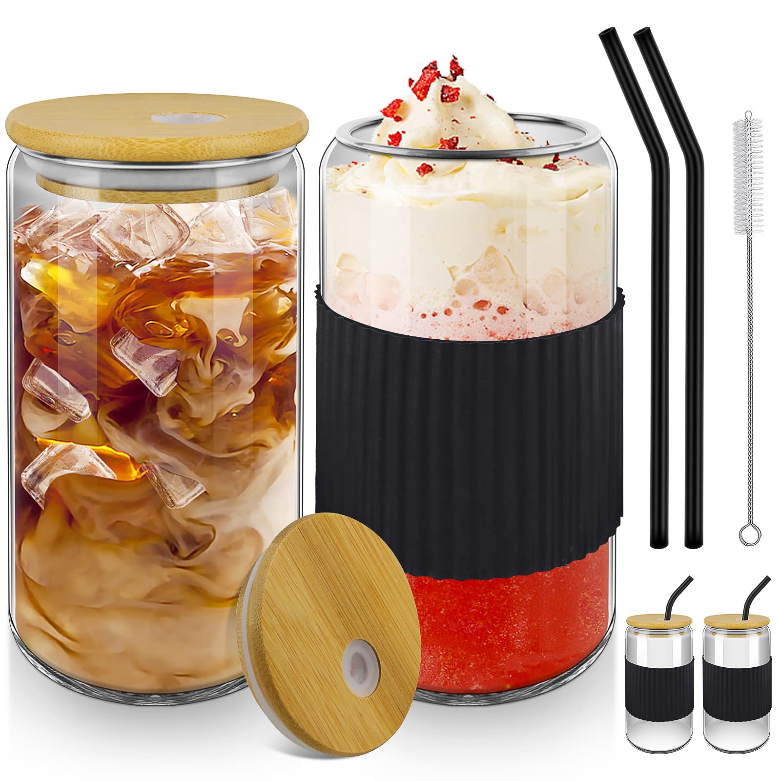 ZHFCGO Drinking Glass Cups with Bamboo Lids and Silicon Straws-2PCS ...