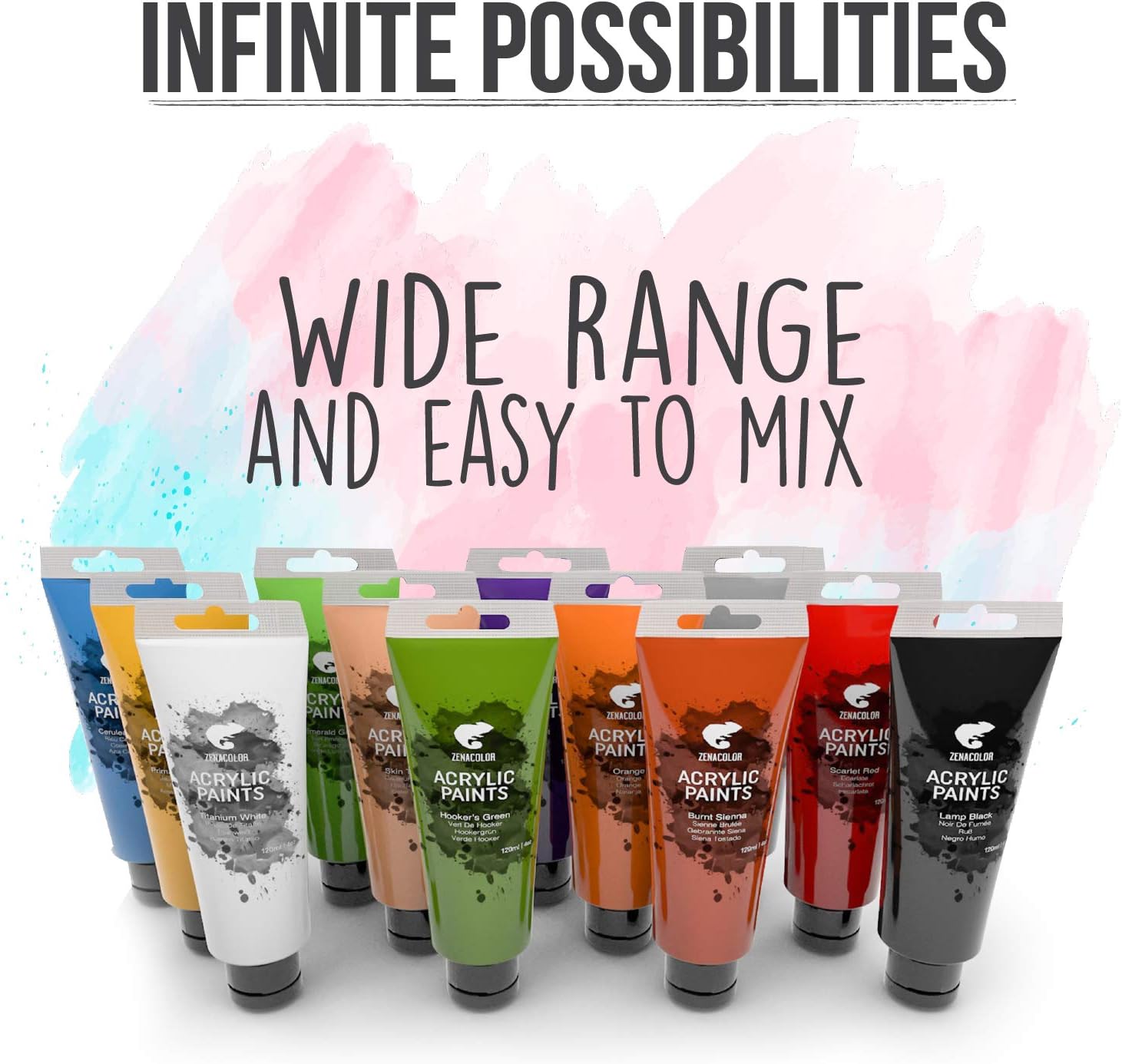 Set of 24 Acrylic Paints, 24 x 120 ml Tubes, 24 Colours Zenacolor ...