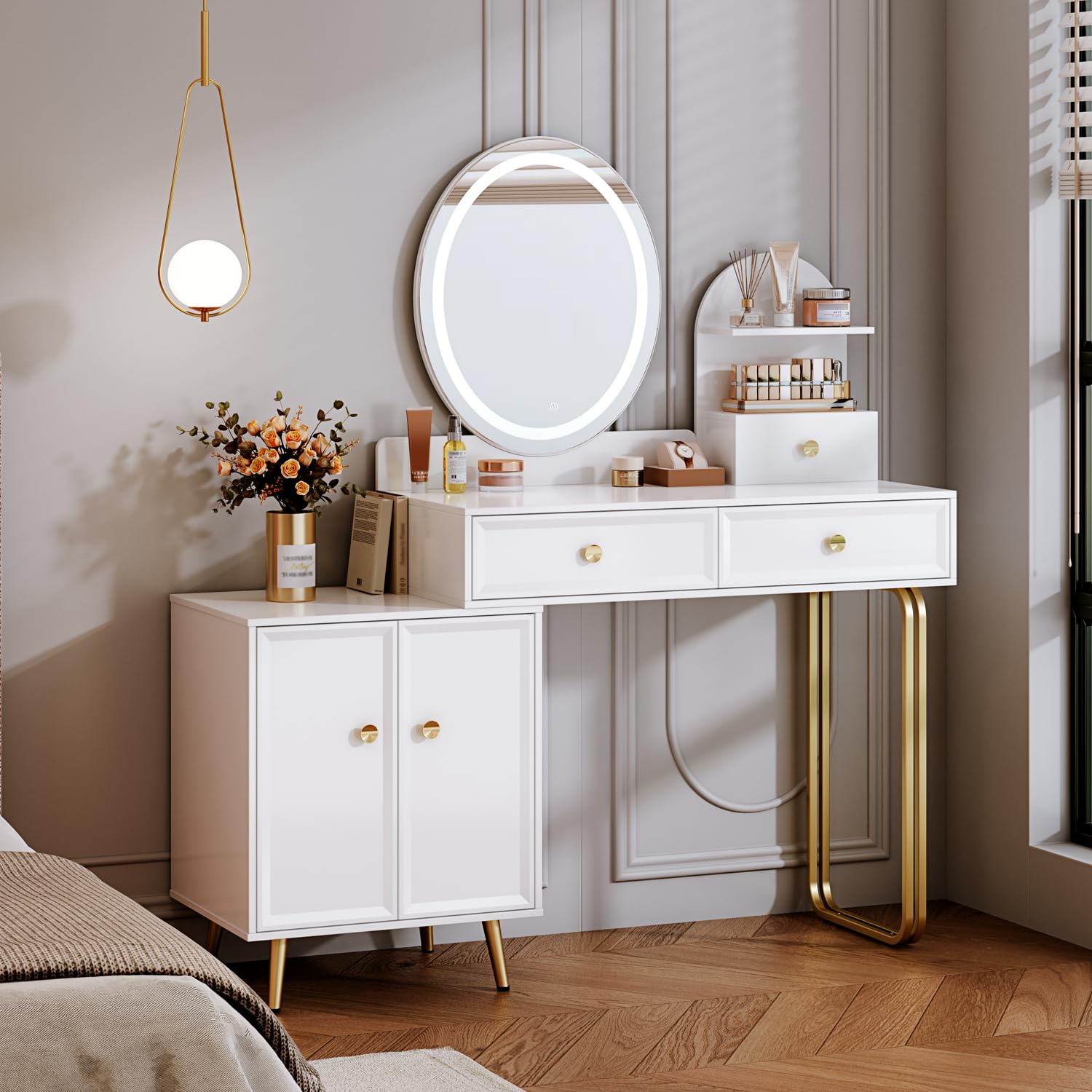 Chrangmay White,Vanity Desk with Mirror and Lights,Small Makeup Vanity ...