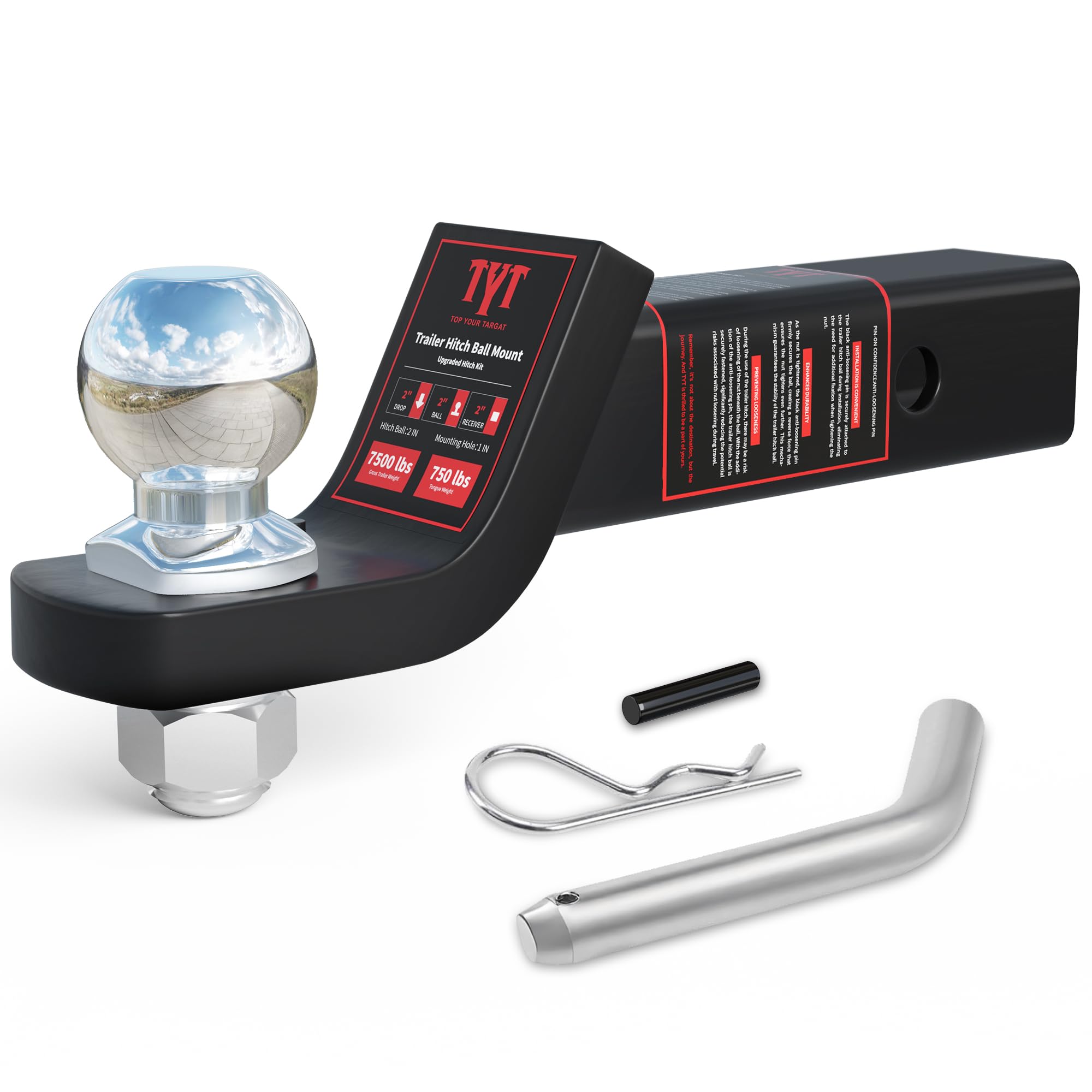 Tyt Trailer ch Ball Mount with 2 Inch Ball & Pin, Fits 2 Inch Receiver ...