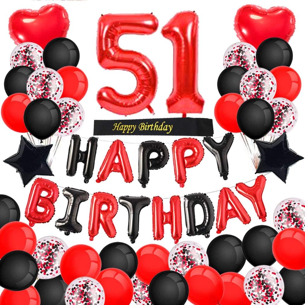 Minhero 51st Birthday Decorations Red Black Happy Birthday Banner Red ...