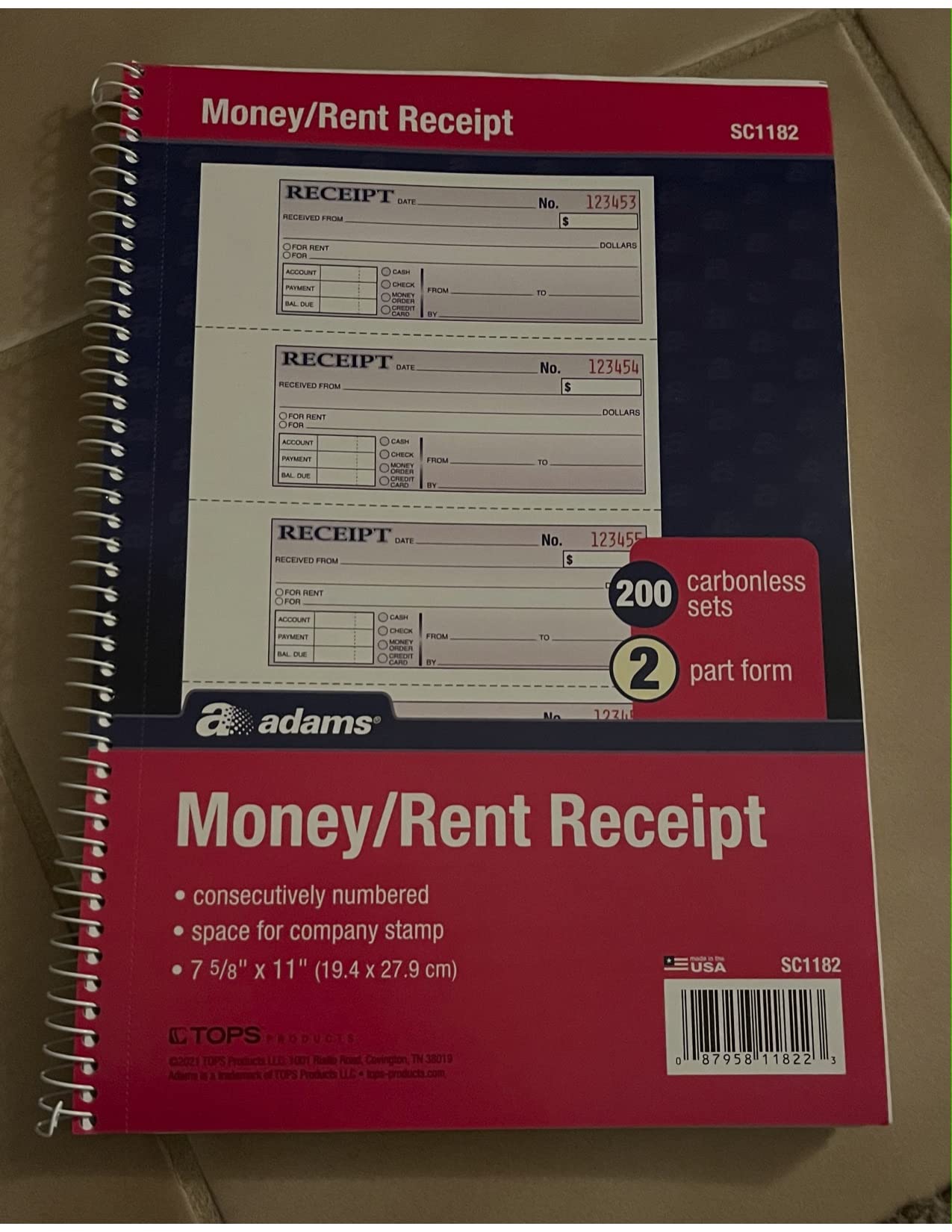 Adams(R) Carbonless 2-Part Spiral Money/Rent Receipt Book, 7 5/8in. x ...