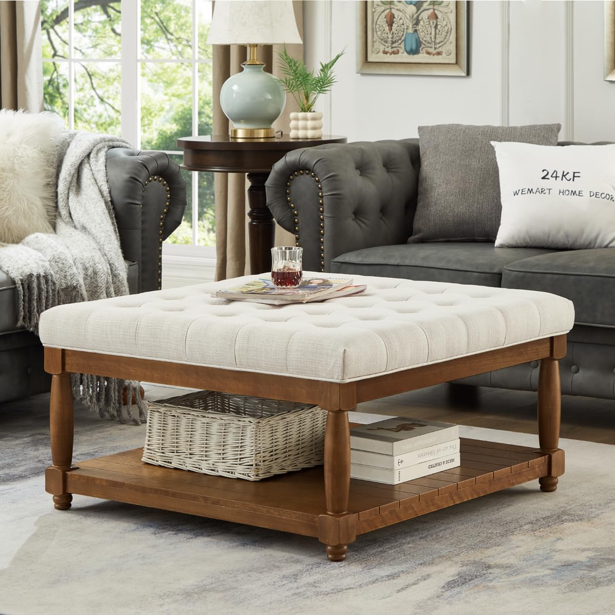24KF Upholstered Square Coffee Table with Wooden Shelf, Tufted Button ...