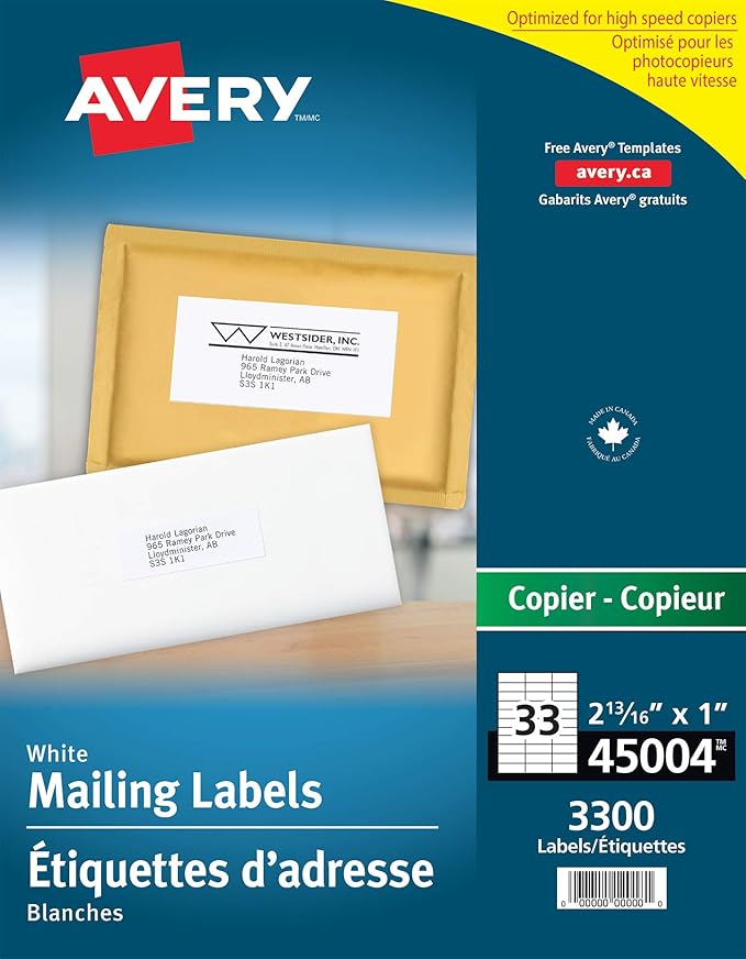 Avery Address Labels for Copiers, 2-13/16" x 1", White, Rectangle, 3300 ...