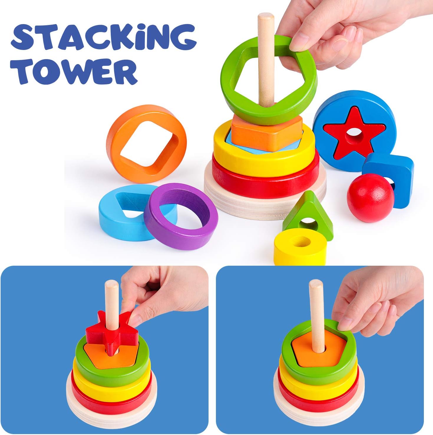 Yikky Wooden Stacking Rings, Colorful Rainbow Tower Blocks for 2 3 4 ...