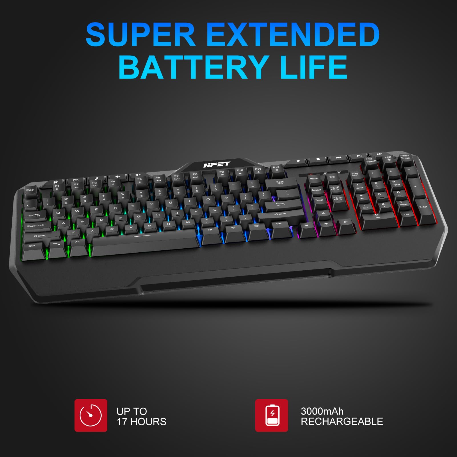 Mua NPET K32 Wireless Gaming Keyboard RGB with Wrist Rest - Long-Lasting Rechargeable Battery ...