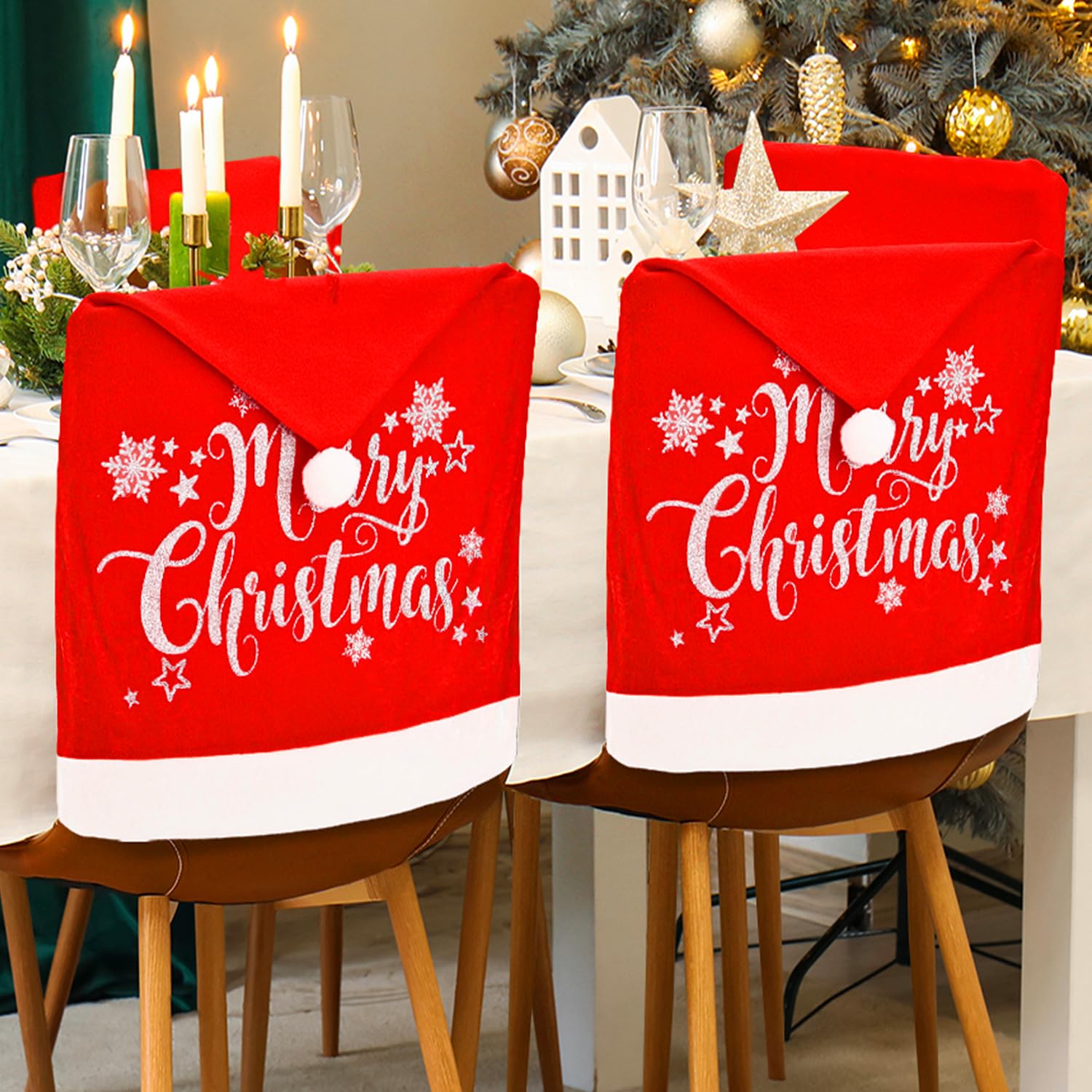 CreiYuan Christmas Chair Covers Set of 4 Santa Hat, Silver Glitter ...
