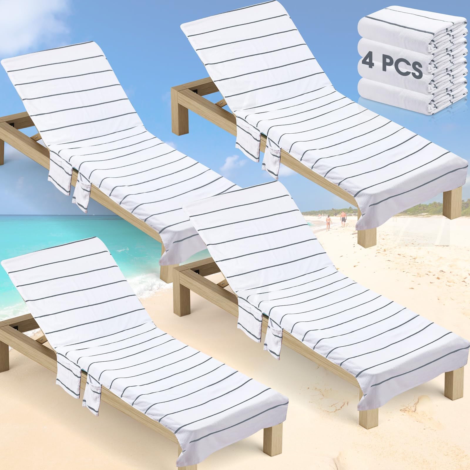 4 Pack Pool Chair Covers Towel Chaise Lounge Cushion Cover with Top and ...