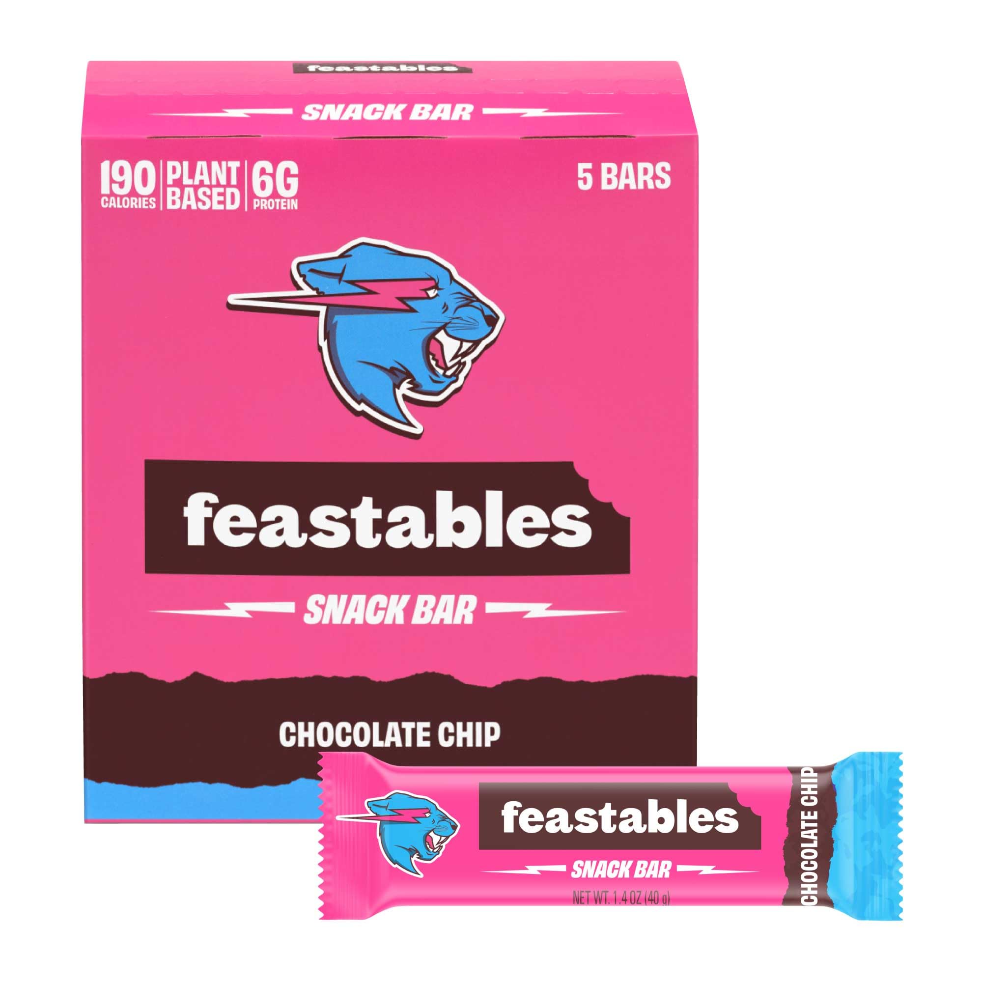 Feastables MrBeast Snack Bars - Chocolate Chip (5 Count Box, Pack of 6 ...