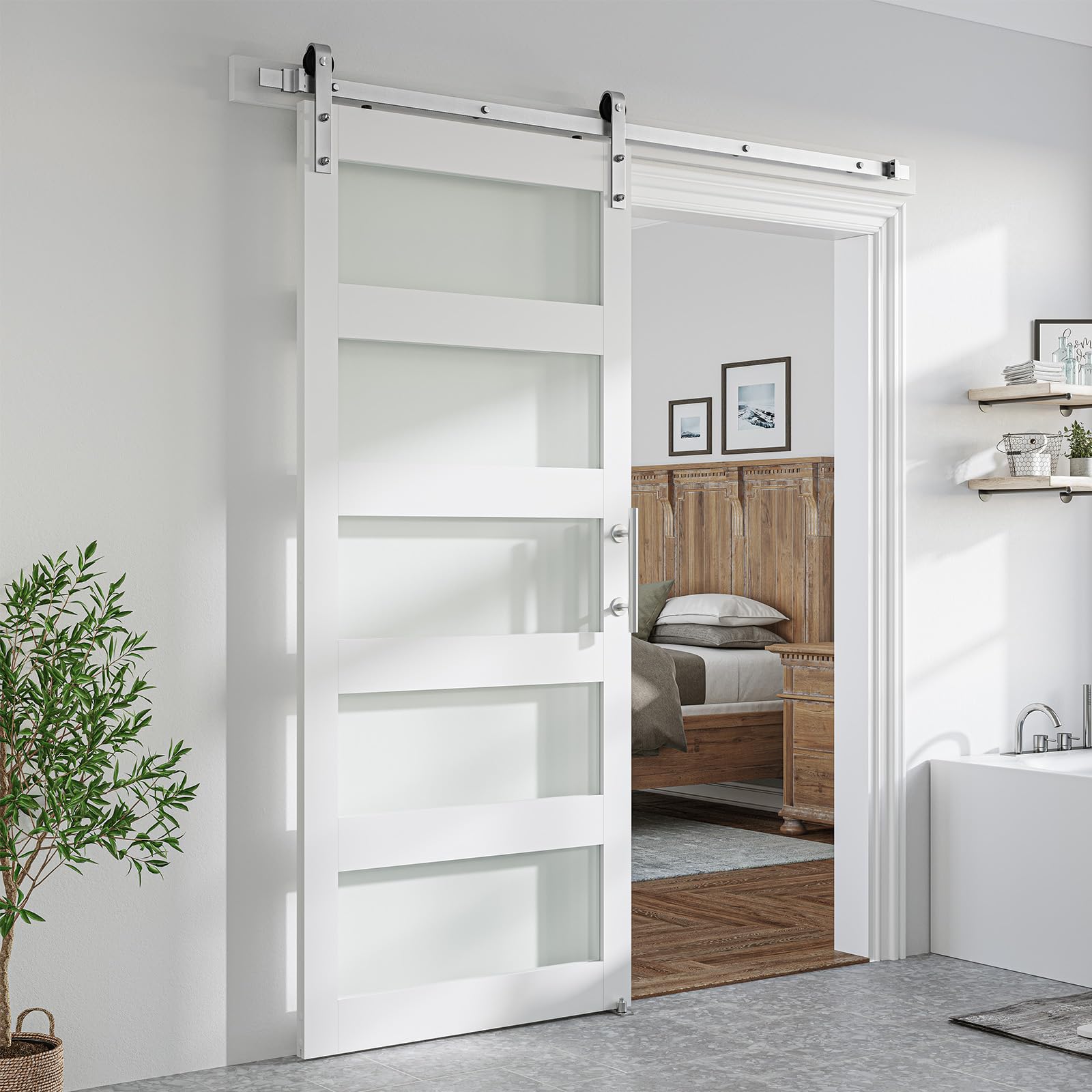 SmartStandard 36 x 84 inch Glass Barn Door with 6.6FT Brushed Nickel ...