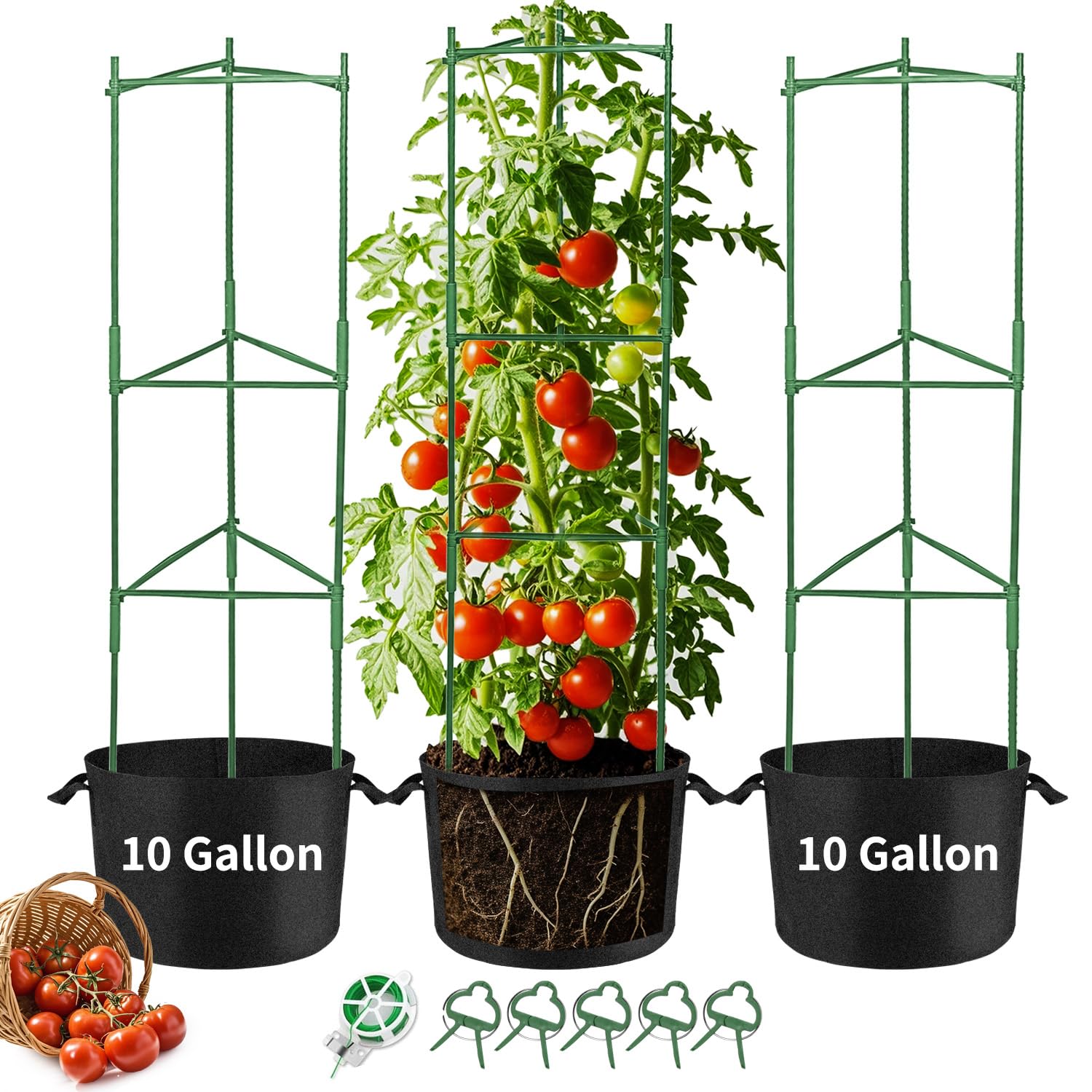 Tomato Cages with 10 Gallon Grow Bags for Garden, 3 Packs Up to 50 ...
