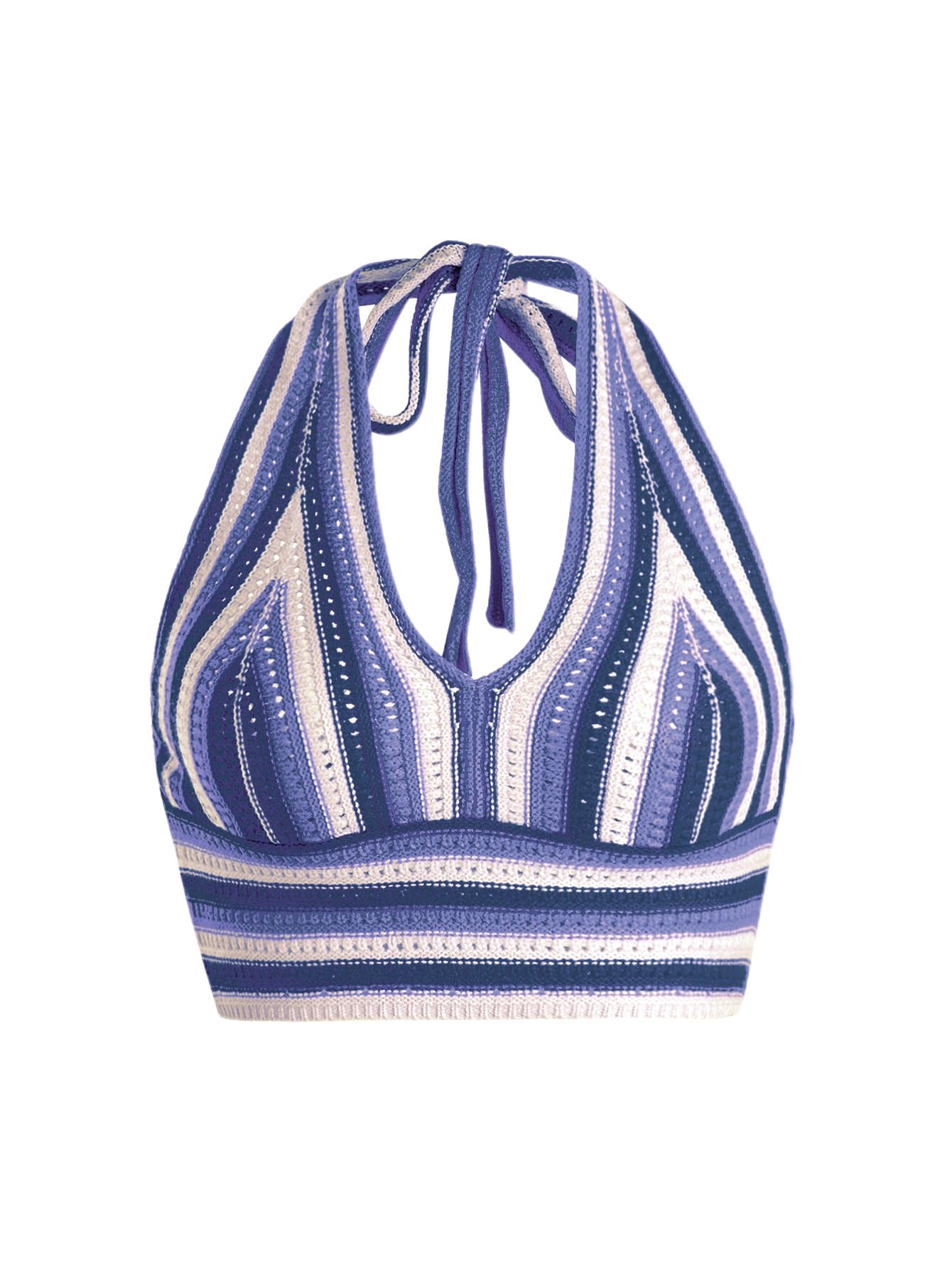 Verdusa Women's Colorblock Striped Crop Halter Top Tie Backless V Neck ...