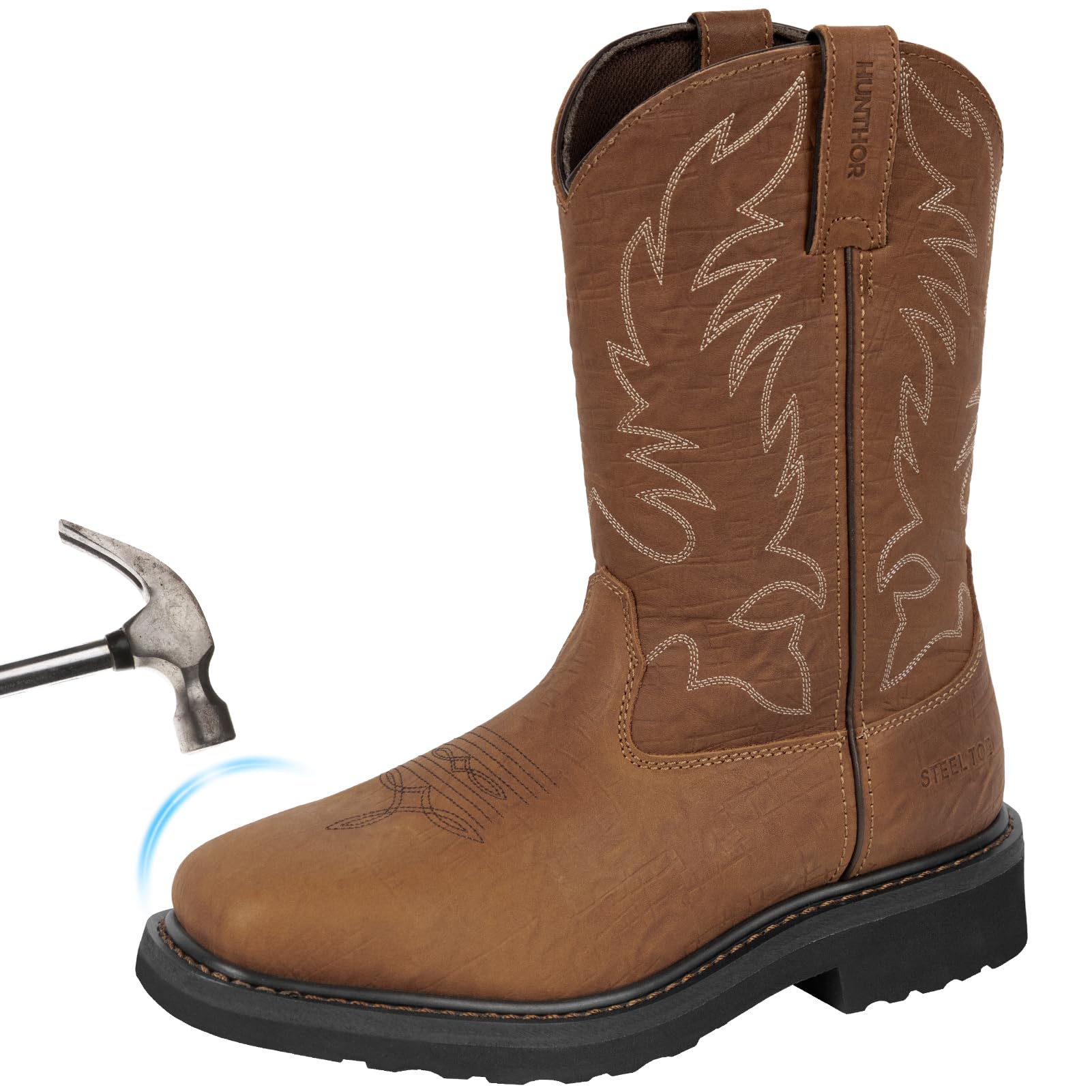 Hunthor Cowboy Boots for Men with Steel Toe, Leather Anti Slip Square ...