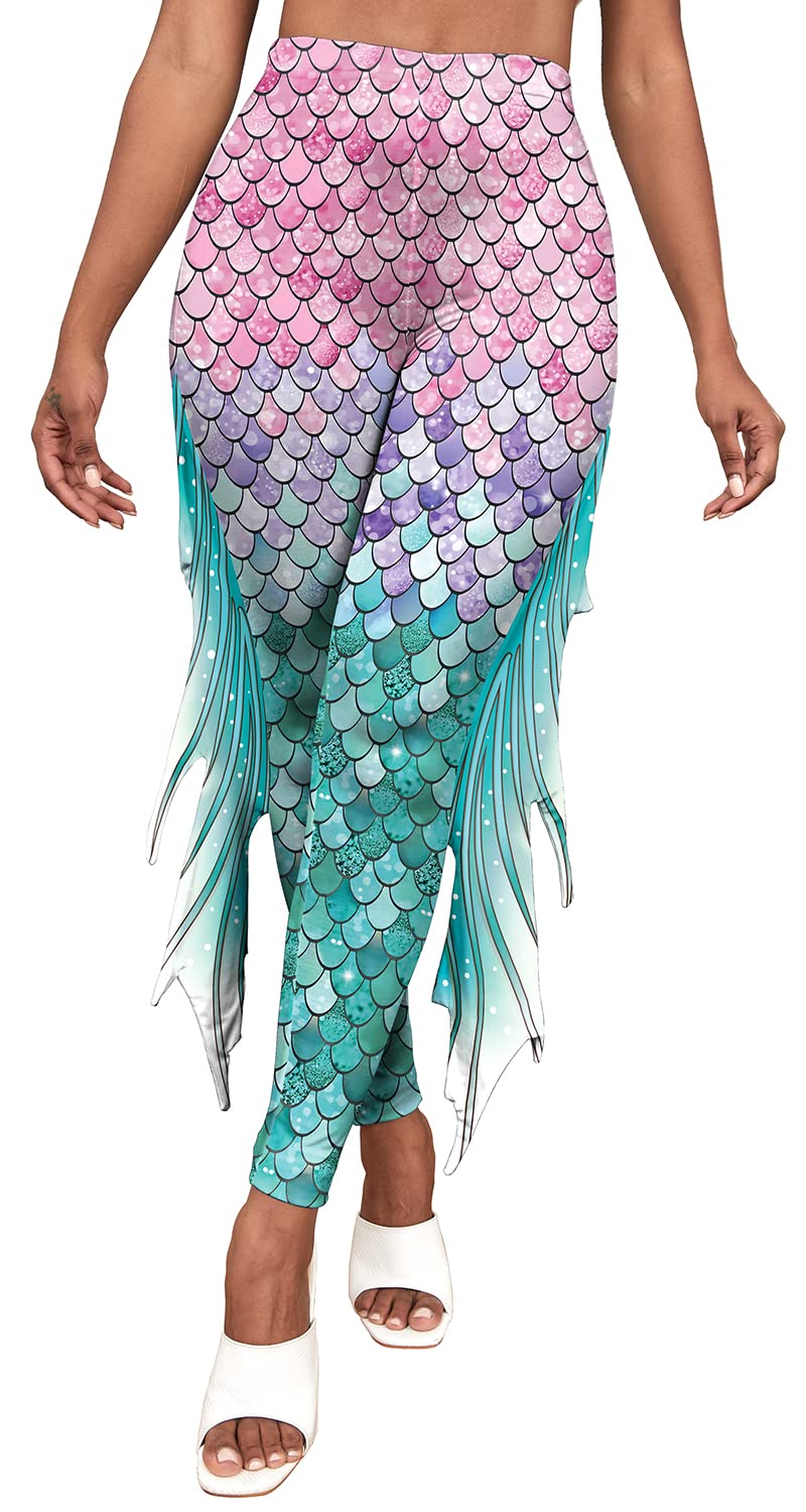 Mermaid Yoga Print Leggings for Women Plus Size Fish Scale High Waisted ...