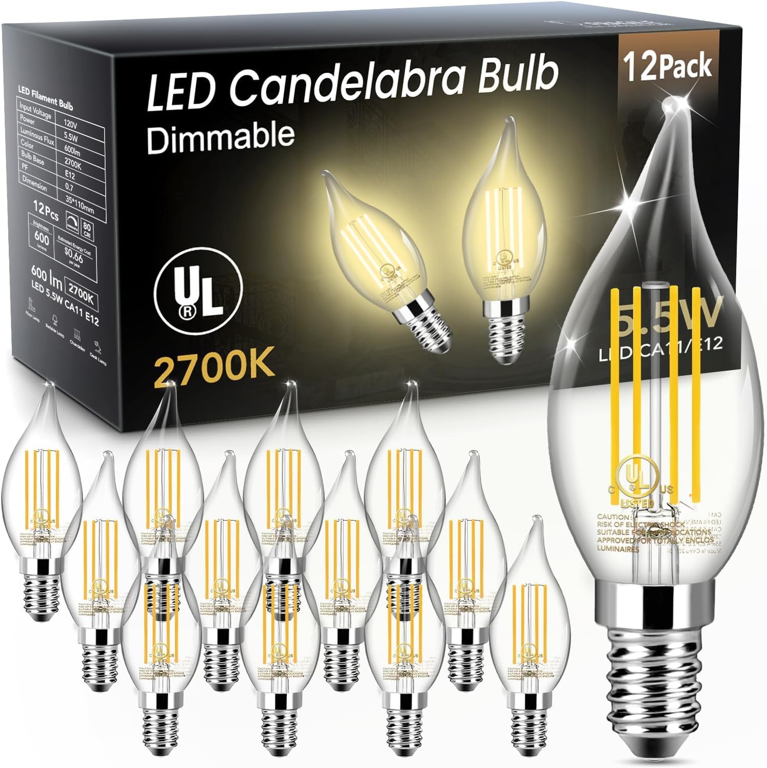 TJOY E12 LED Candelabra Bulb Dimmable, 60W Equivalent LED Chandelier Light Bulbs, 5.5W 2700K ...