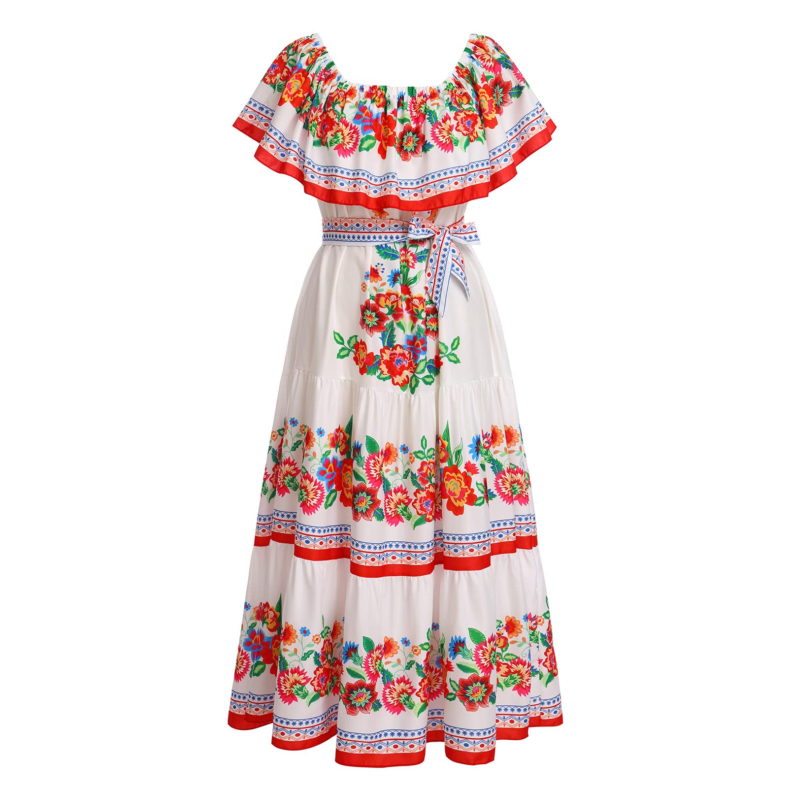 Women Mexican Dress Off Shoulder Floral Long Maxi Dress Summer Beach ...
