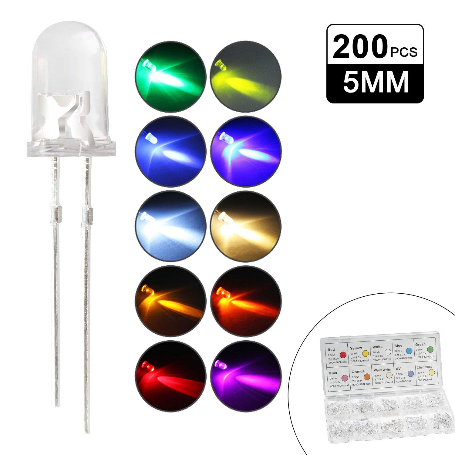 DiCUNO 200pcs 5mm 2pin LED Light Emitting Diodes Round Head Lamp ...