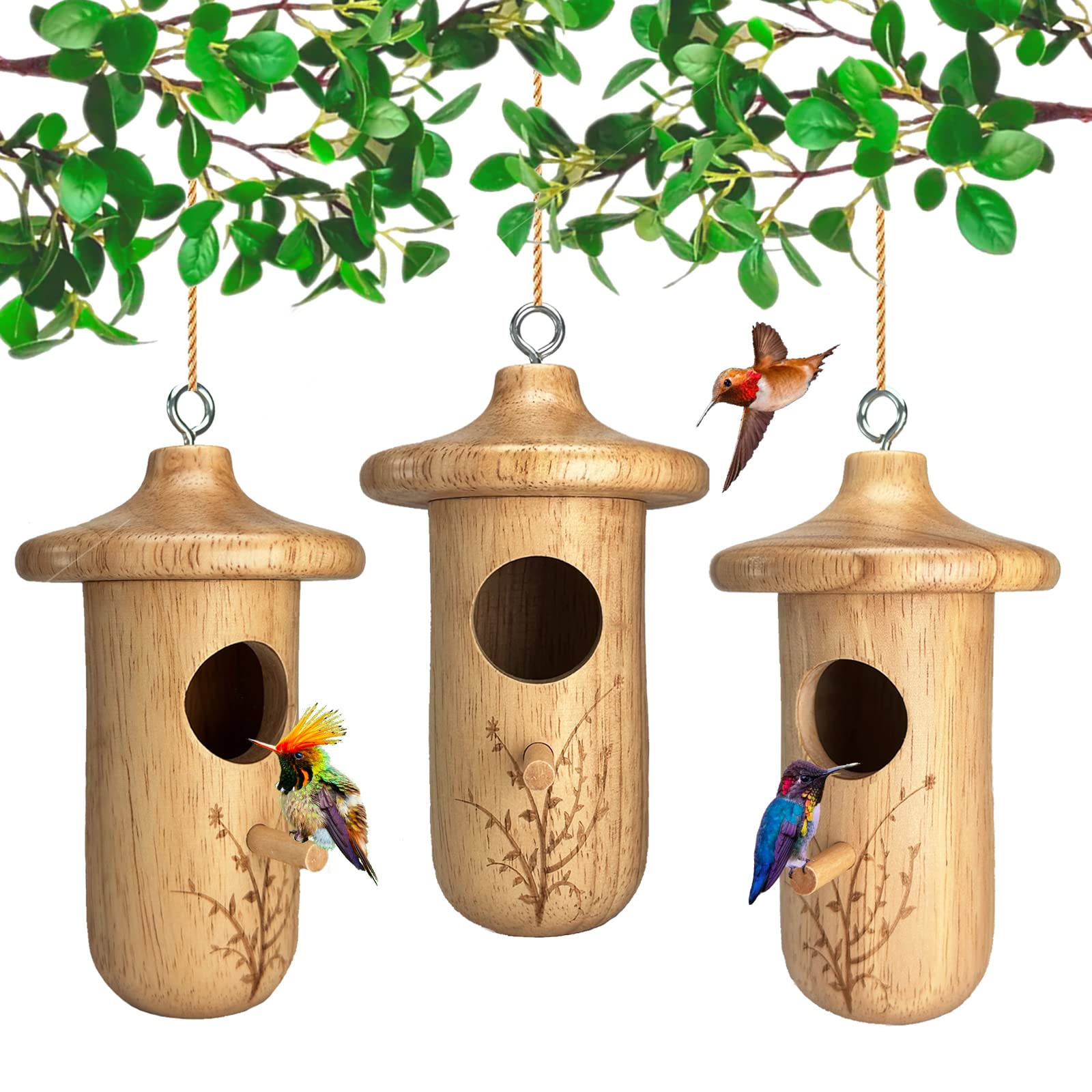 Hummingbird House, 3Pcs Humming Bird House for Outside Hanging, Natural ...