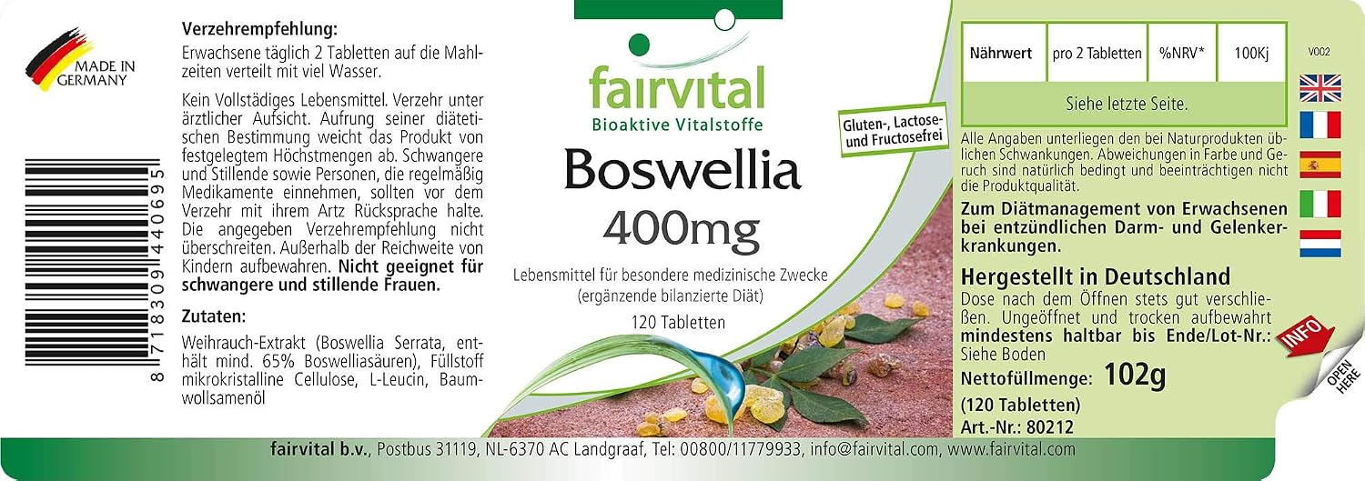 fairvital – Boswellia Frankincense 400mg – 120 Tablets – Vegan – 65% ...