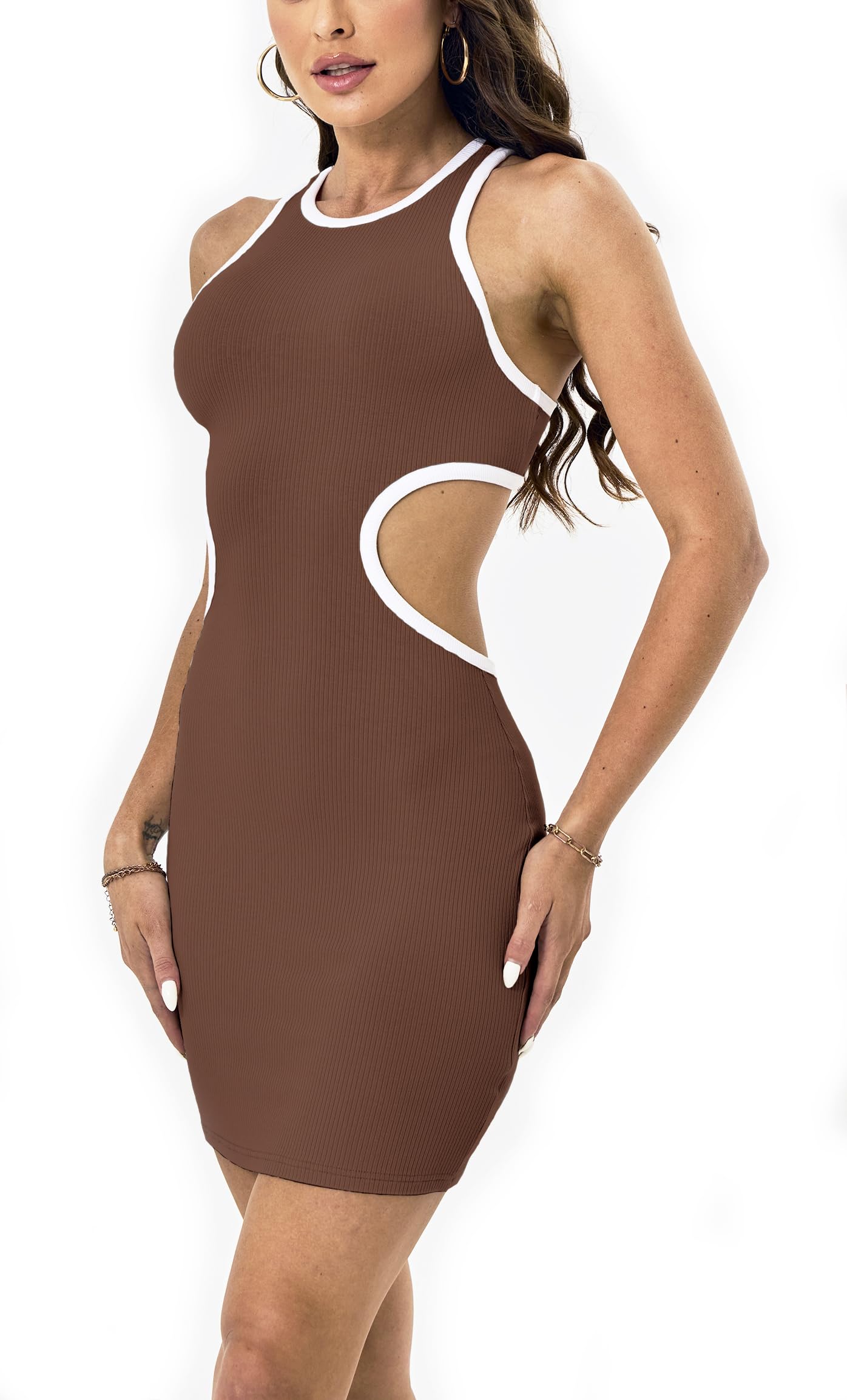 NauLon Womens Sexy Cut Out Waist Open Back Bodycon Dress Ribbed Party ...