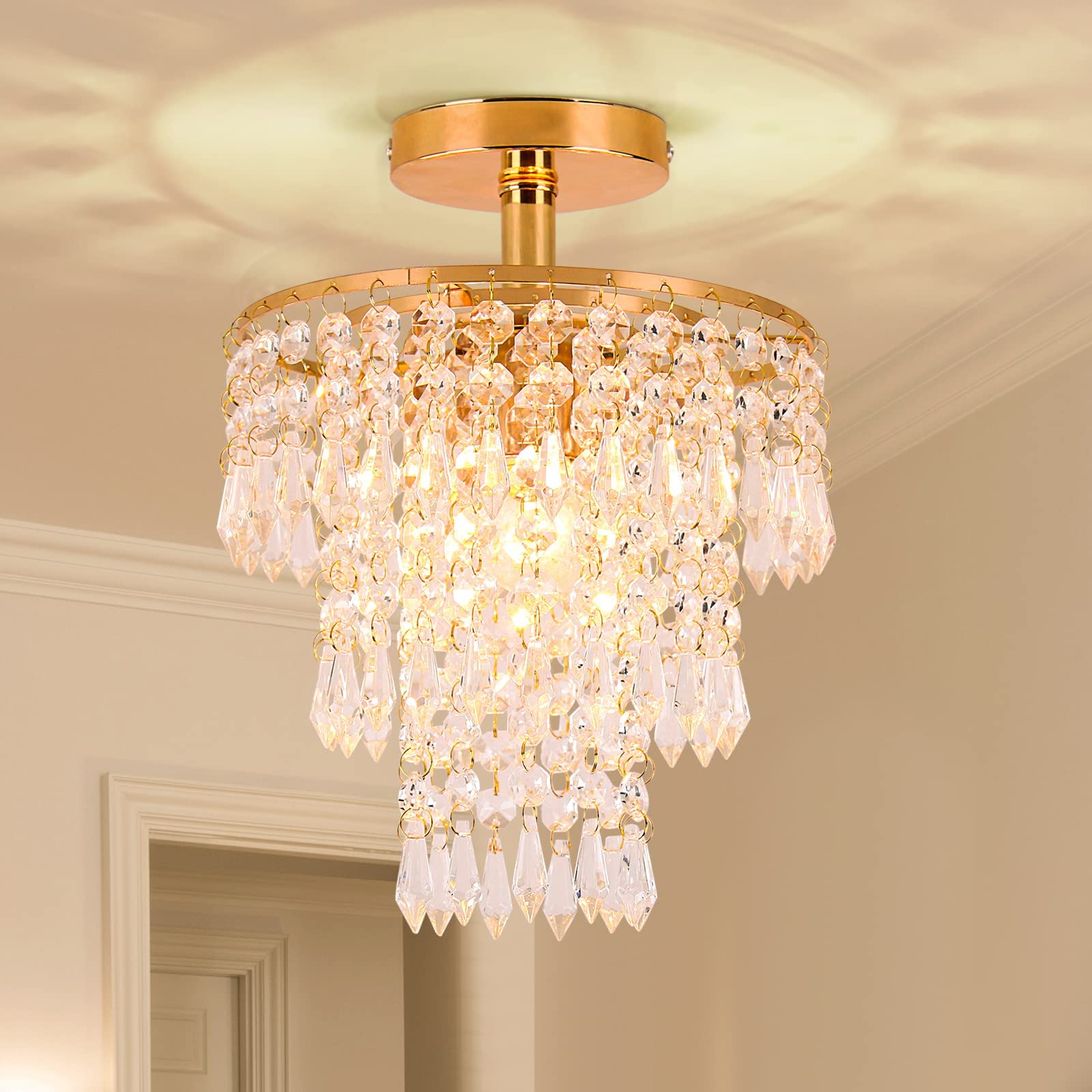 FRIXCHUR Mini Size Crystal Chandelier Modern Flush Mount Ceiling Light ...