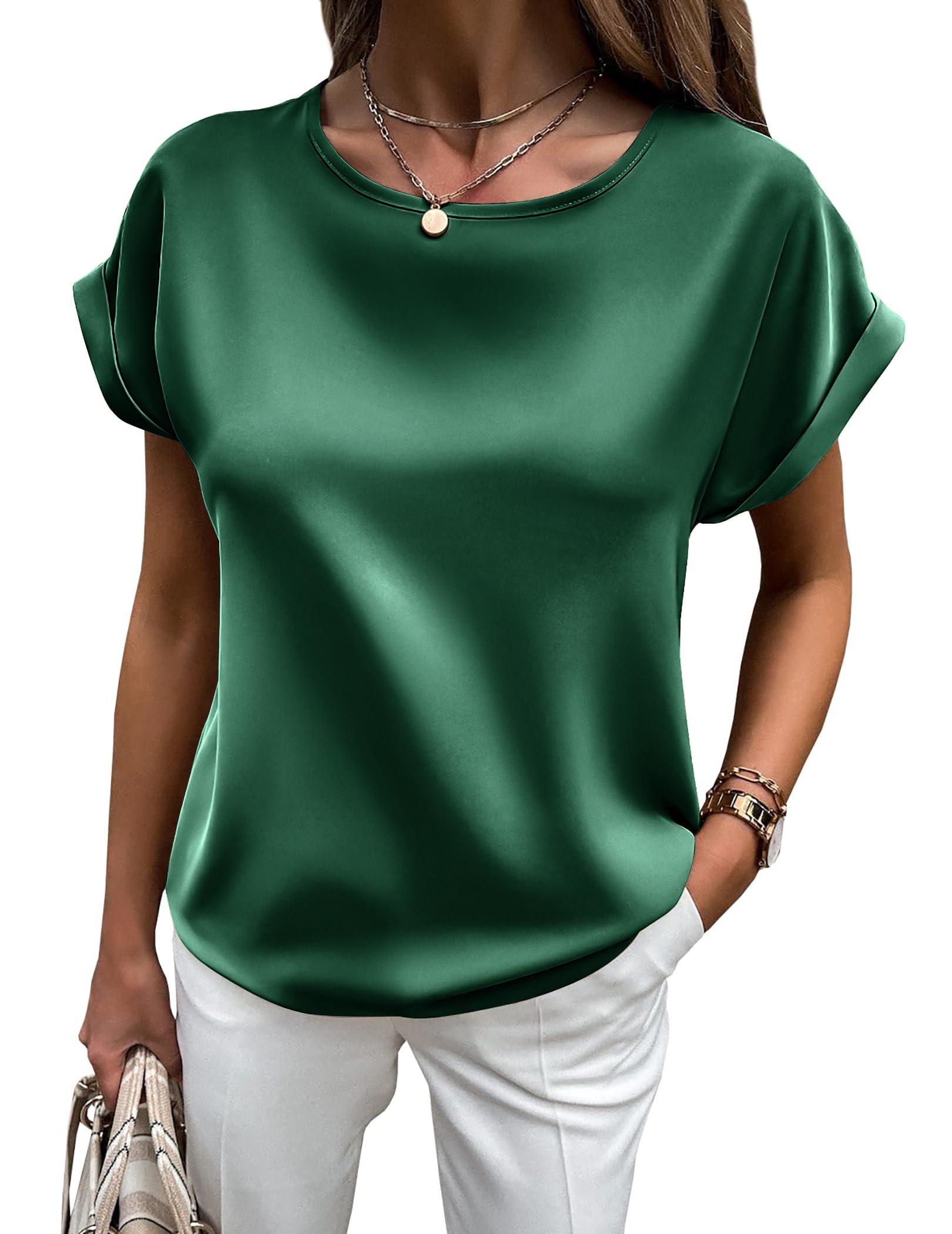 HOTOUCH Silk Blouse for Women Short Sleeve Satin Top Roll Sleeve Shirt ...