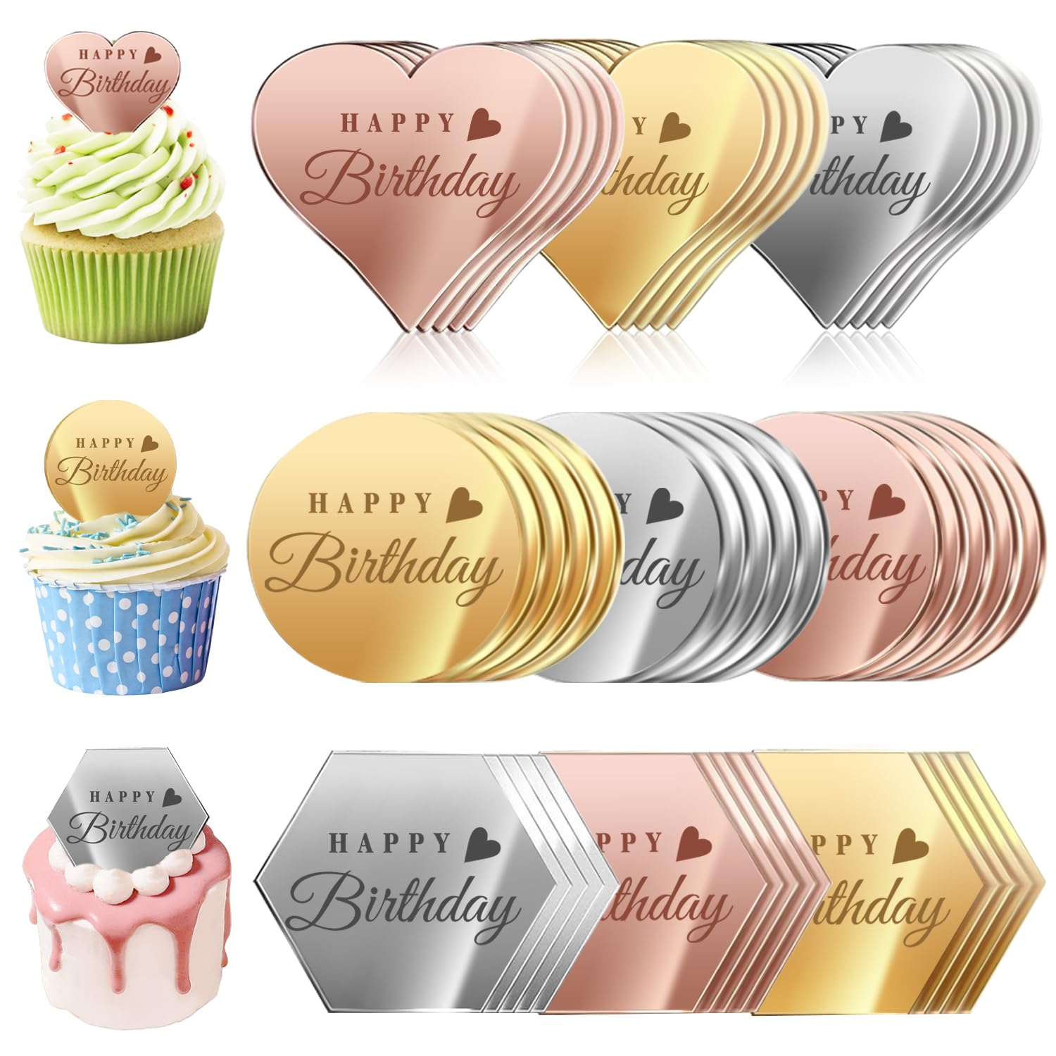 45PCS Happy Birthday Cake Toppers, Mirror Acrylic Cupcake Toppers 3 ...