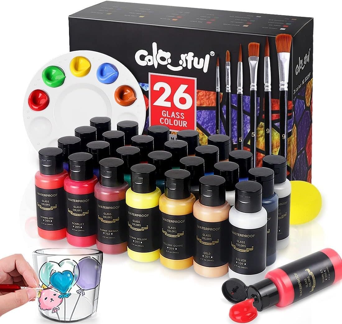 Mua Colorful Stain Glass Paint Set with 6 Brushes, 1 Palette & 1 Sponge ...