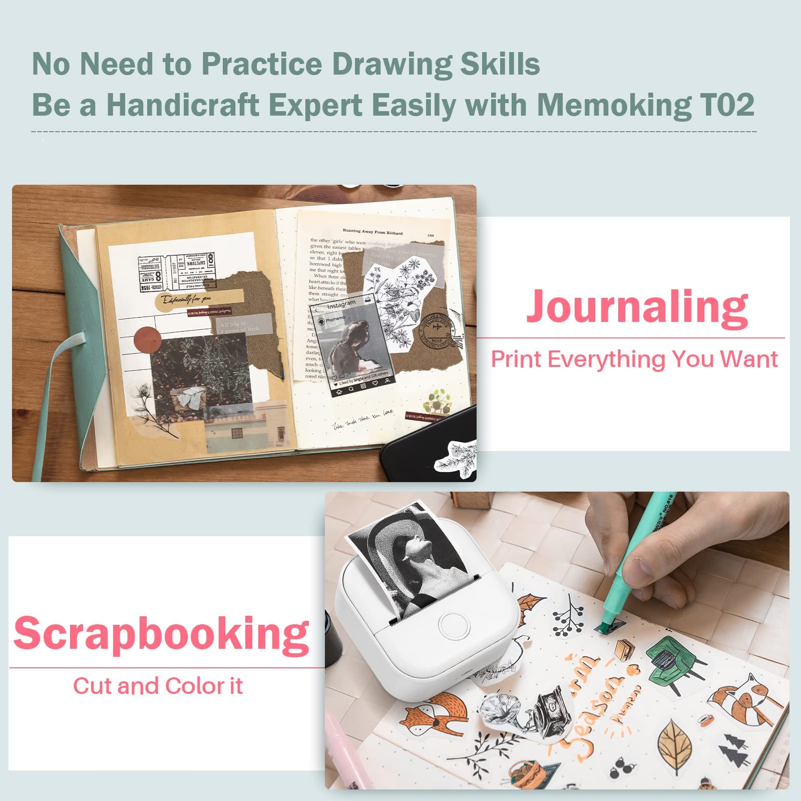 Mini Printer - T02 Bluetooth Inkless Instant Photo Printer, Small ...