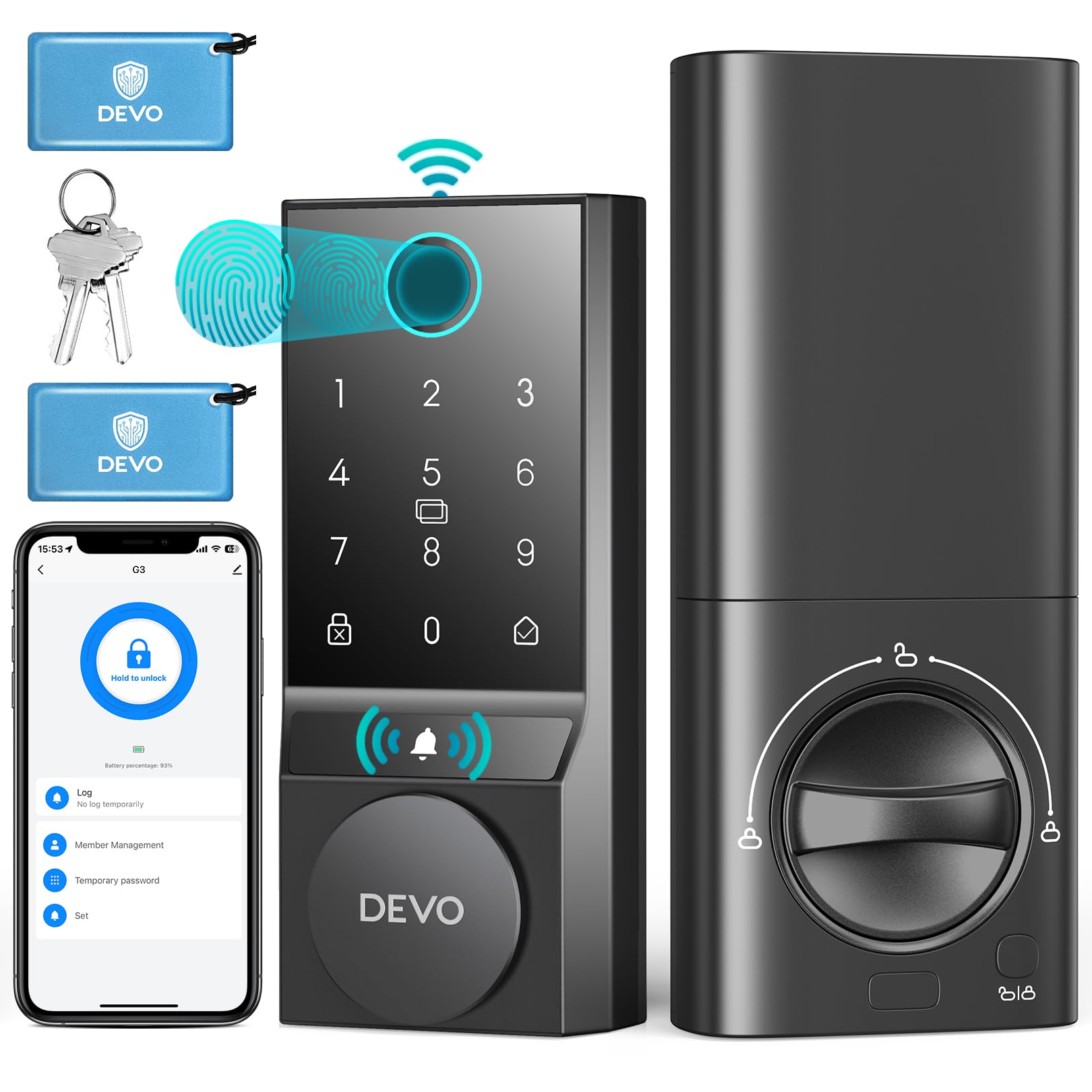 Devo G3 Door Lock for Front Door, 6 in 1 Fingerprint Keyless Entry Door ...
