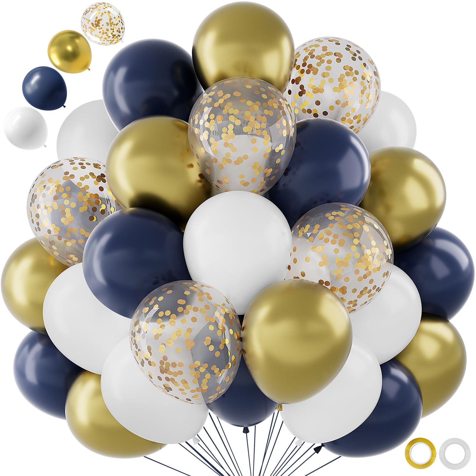 Gold and Navy Blue Balloons, 50 PCS 12 Inch Metallic Gold Navy Confetti Latex Balloon for ...