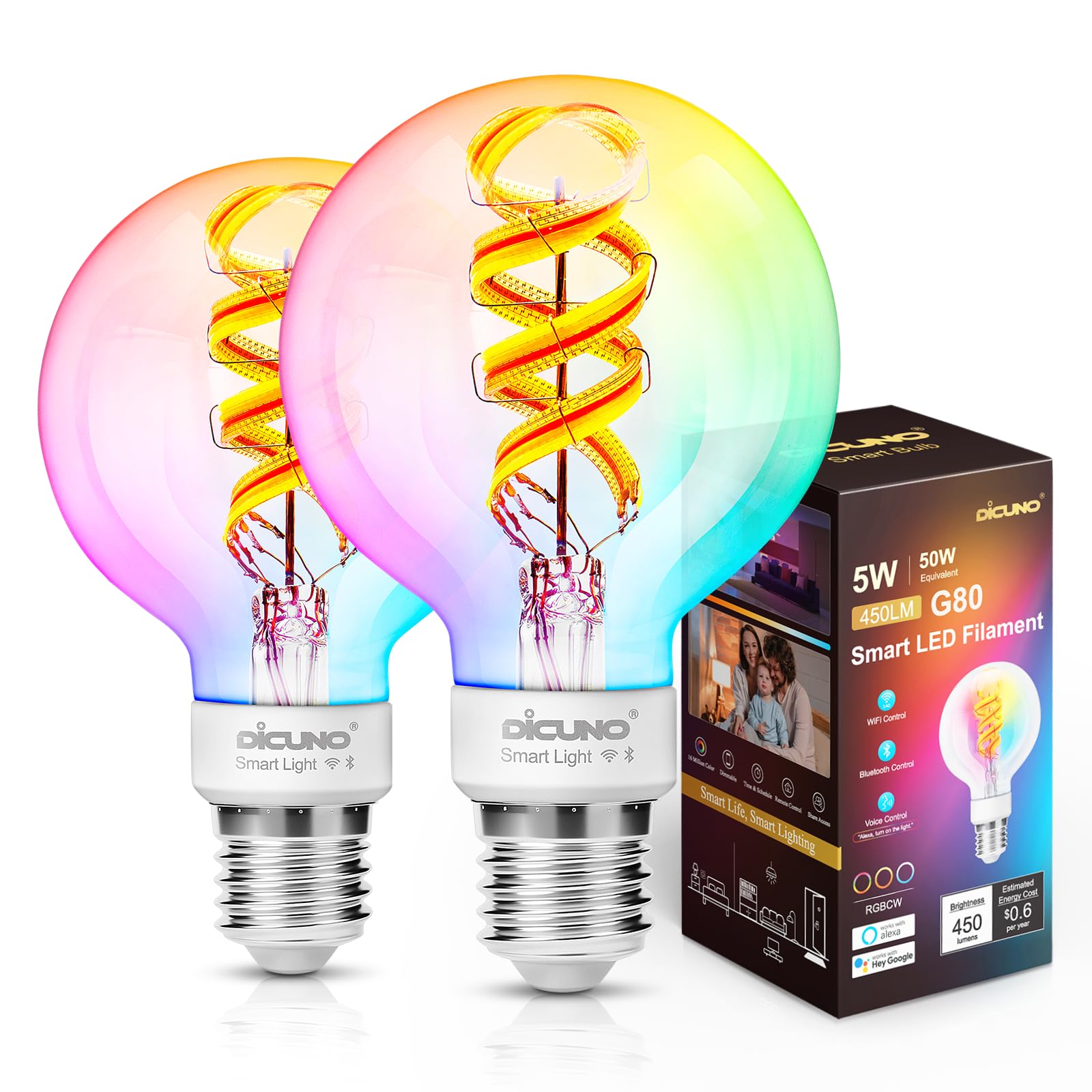 DiCUNO Smart Edison Bulb G80, Color Changing WiFi Smart Light Bulb ...