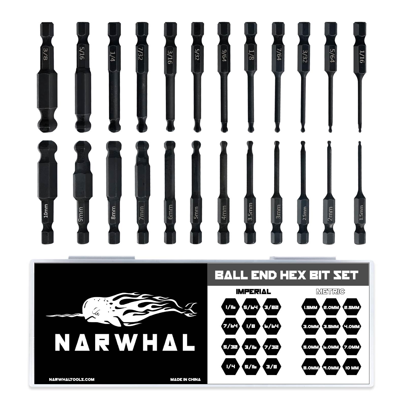 Ball End Hex Allen Wrench Drill Bit Set (24 Pack - Metric & SAE Sizes - Magnetic Tipped ...