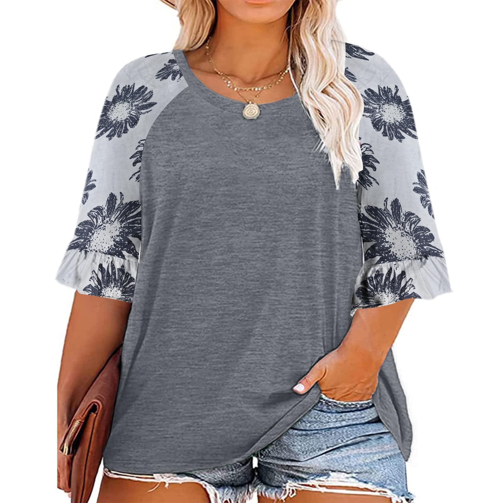 HDLTE Womens Plus Size 3/4 Ruffle Sleeve Tops Casual Loose Crew Neck ...
