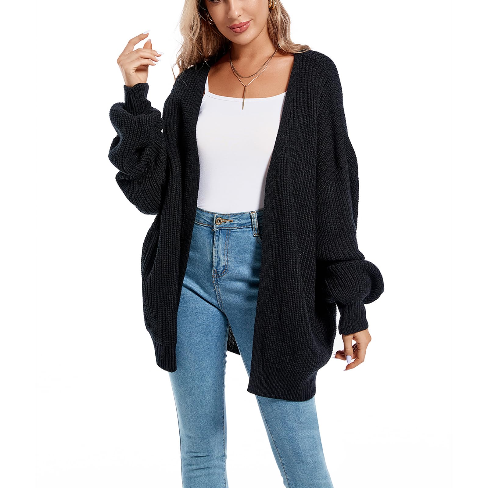 Women's Open Front Chunky Cardigan Oversized Sweater with Pocket Black ...