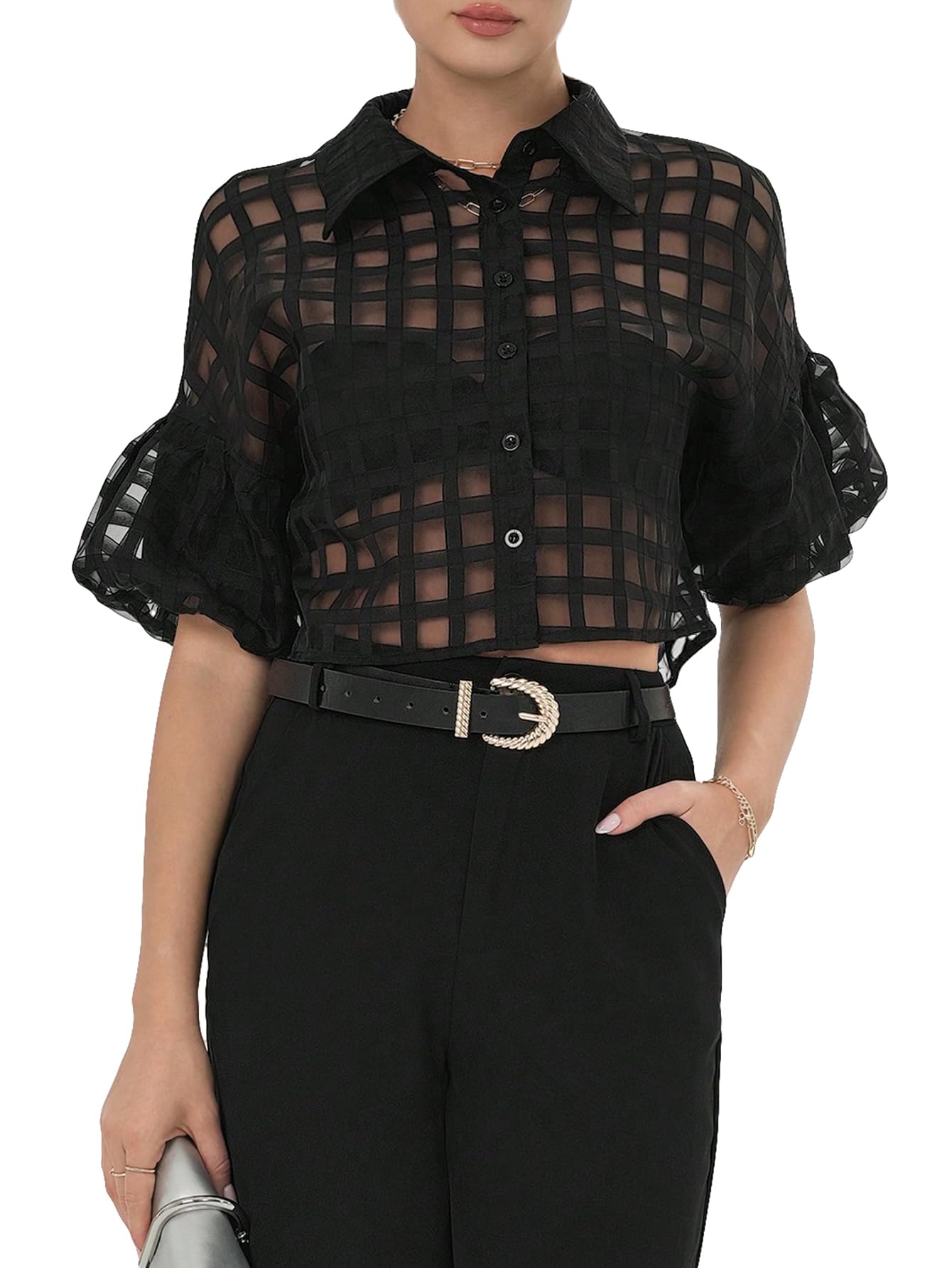 GORGLITTER Women's Sheer Cropped Button Down Up Shirts Blouses Mesh ...