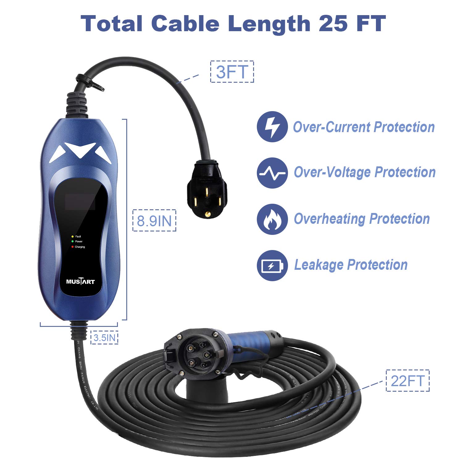 MUSTART Level 2 Portable EV Charger (240 Volt, 25ft Cable, 40 Amp), Electric Vehicle Charger ...