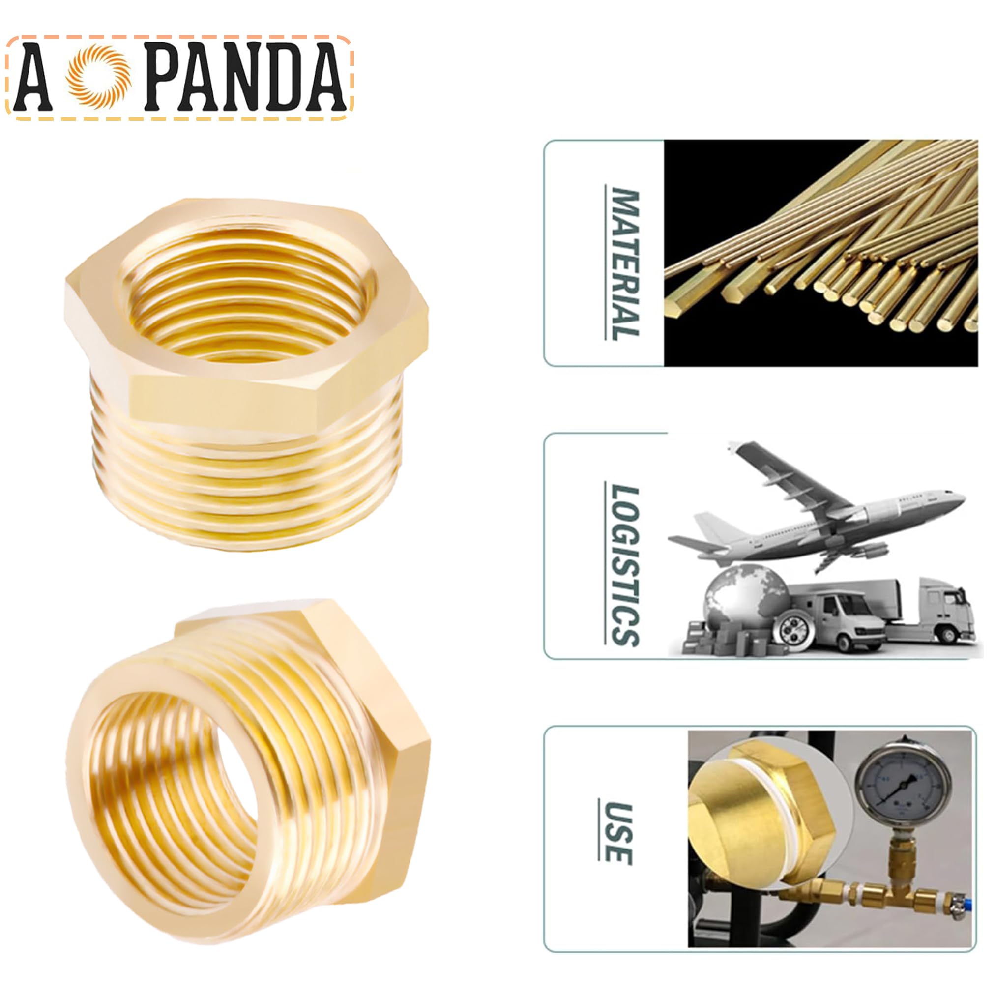 AOPANDA Brass Hex Bushing Reducer, 3/4 NPT Male X 1/4 NPT Female Bushing Adapter Pipe Fitting ...