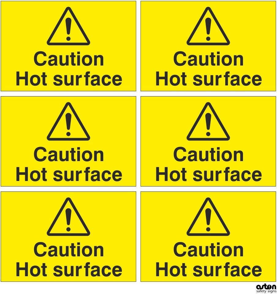 6x Caution Hot surface, safety sign. Set of 6 Self adhesive stickers ...