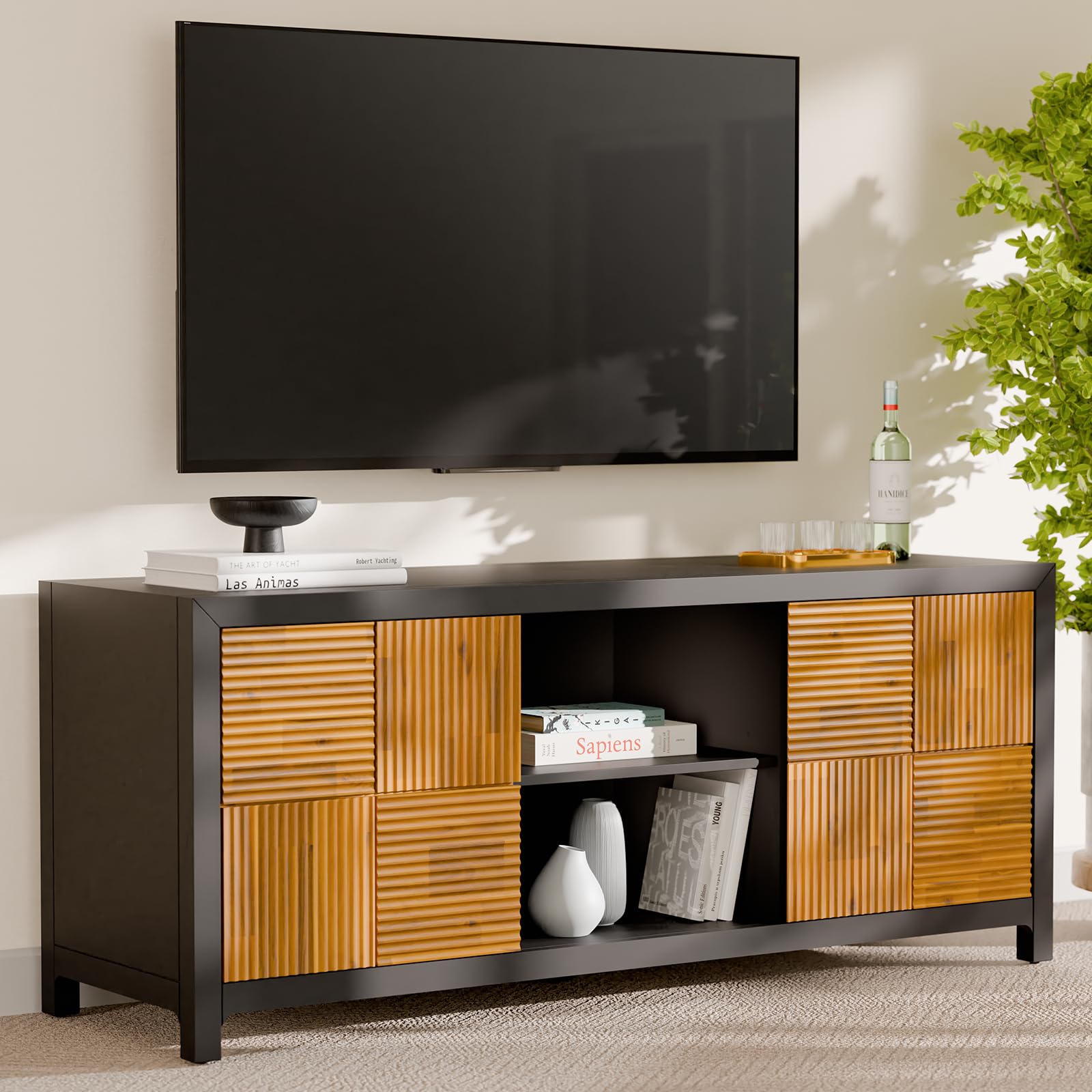 Bme Solid Wood Fluted TV Stand, Fully Assembled TV Media Console, Craft ...