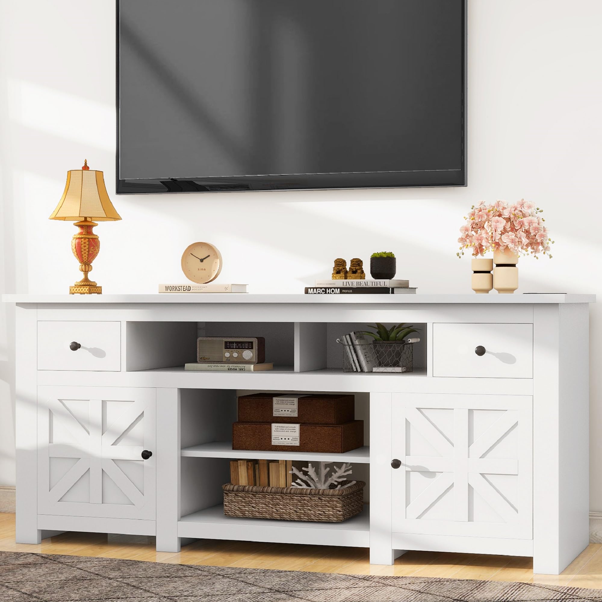 YITAHOME Farmhouse TV Stand 70 Inches, Entertainment Center with Power ...